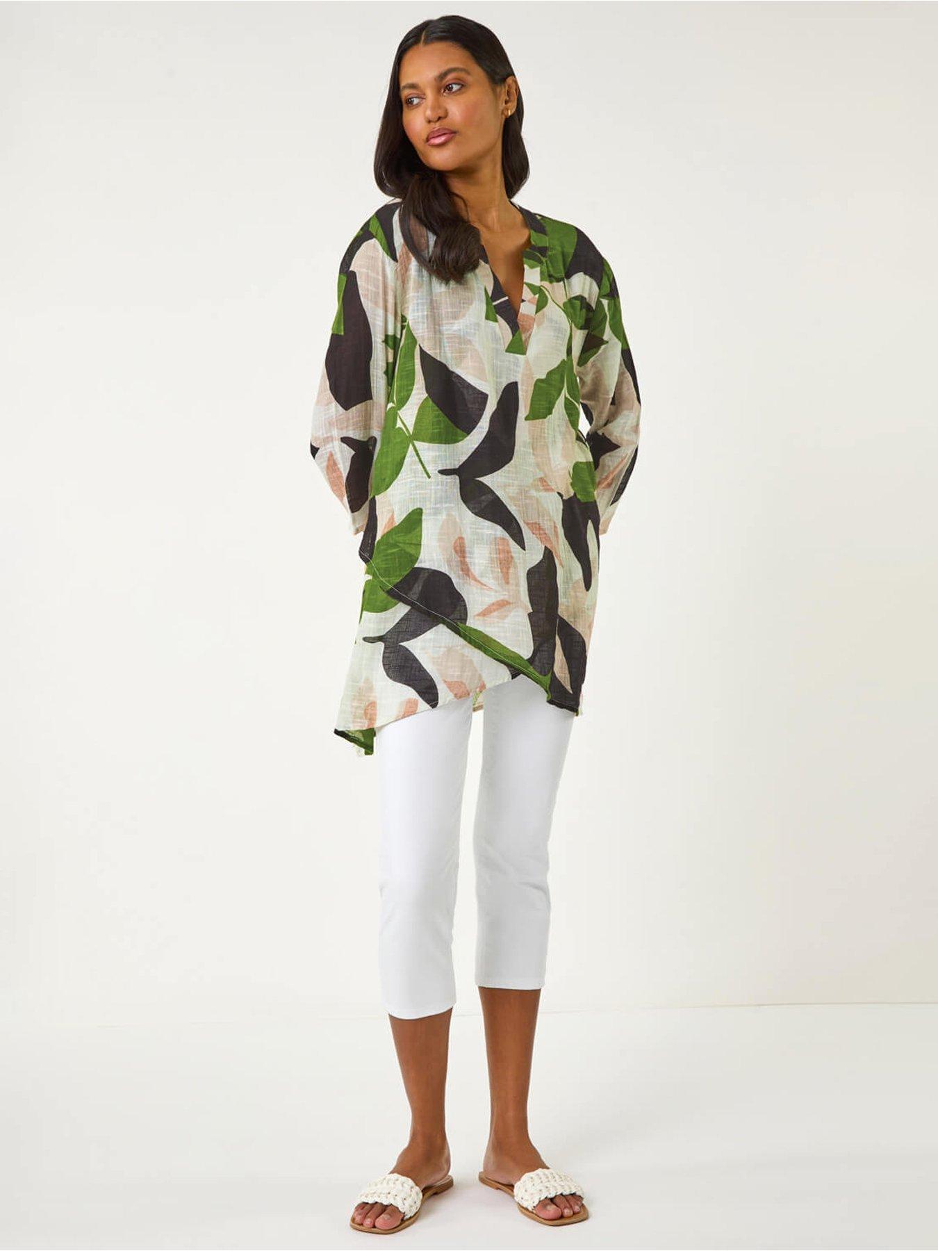 Roman Leaf Print Wrap Front Tunic Top - Green | Very