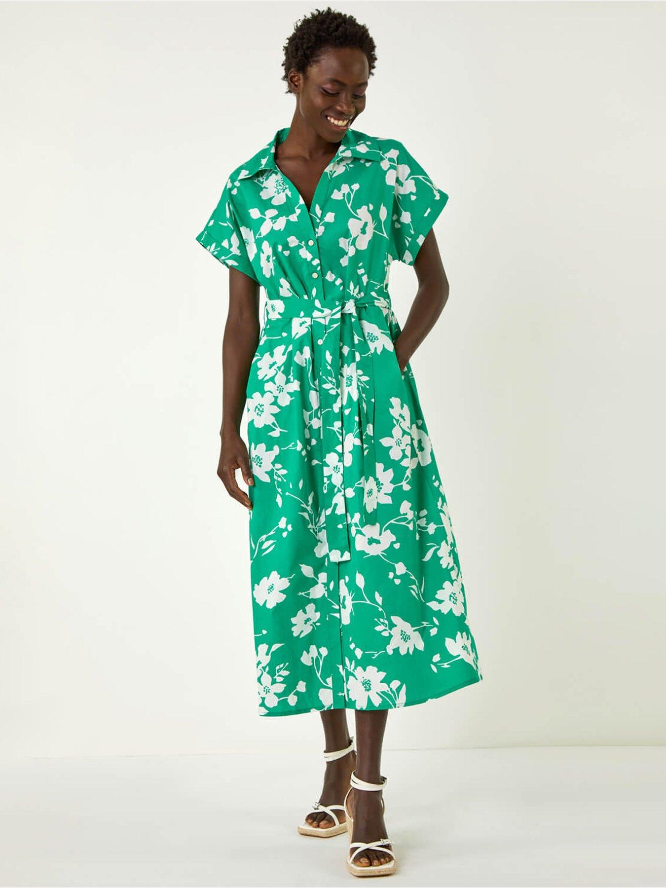 Roman Floral Cotton Poplin Shirt Dress - Green | Very