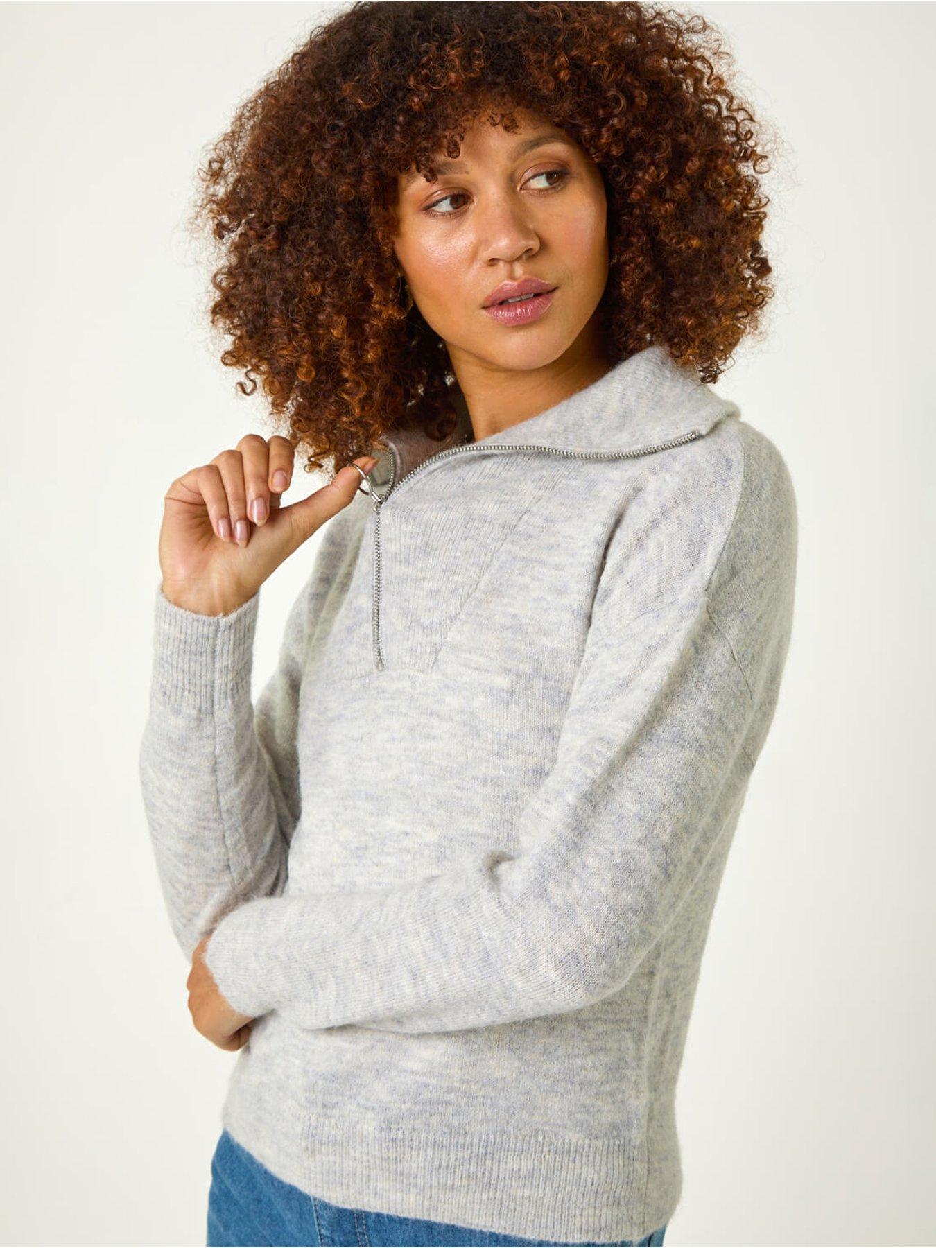 Roman Collar Zip Neck Knit Jumper - Grey | Very