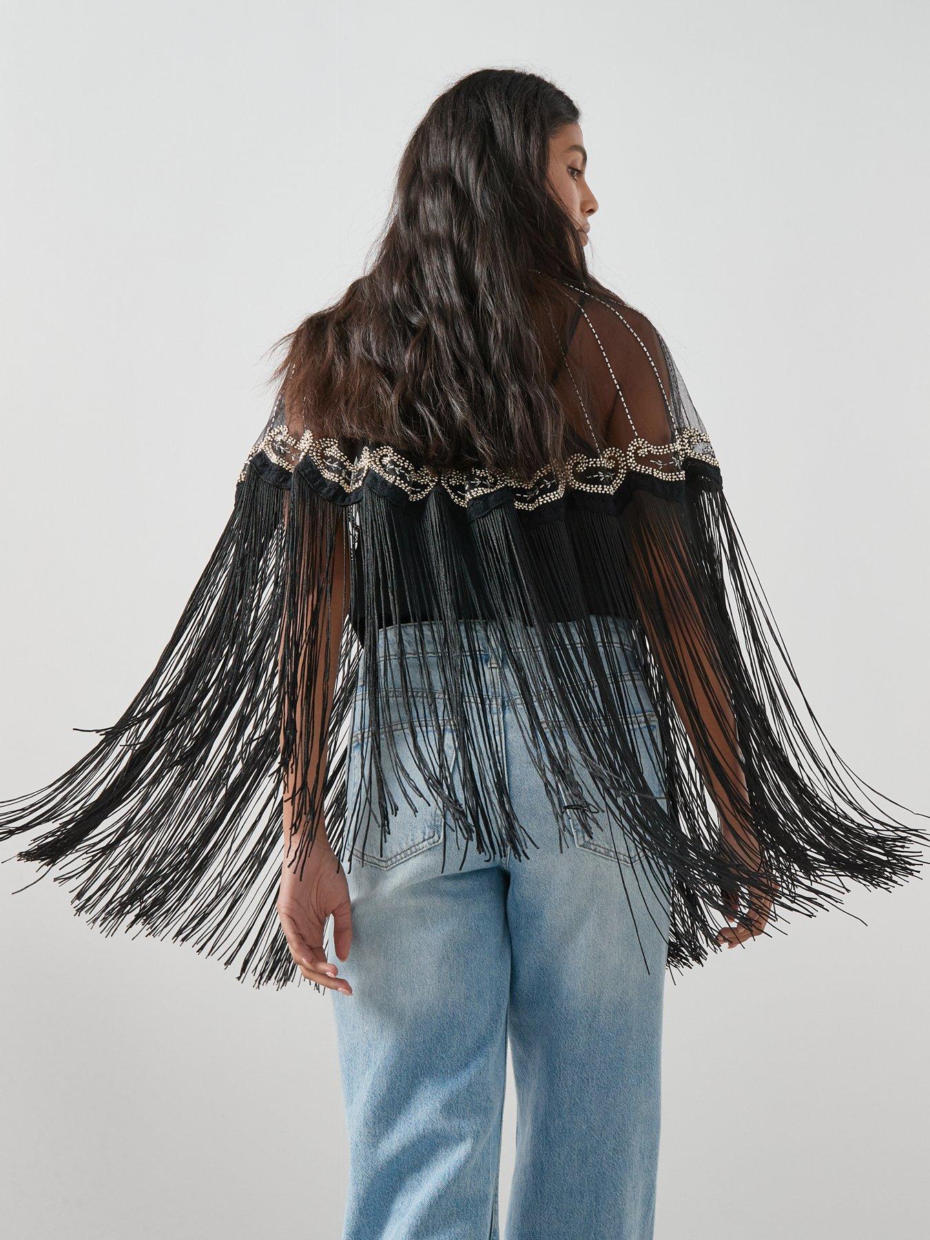 The Very Collection Embellished Detail Fringe Cape - Black | Very