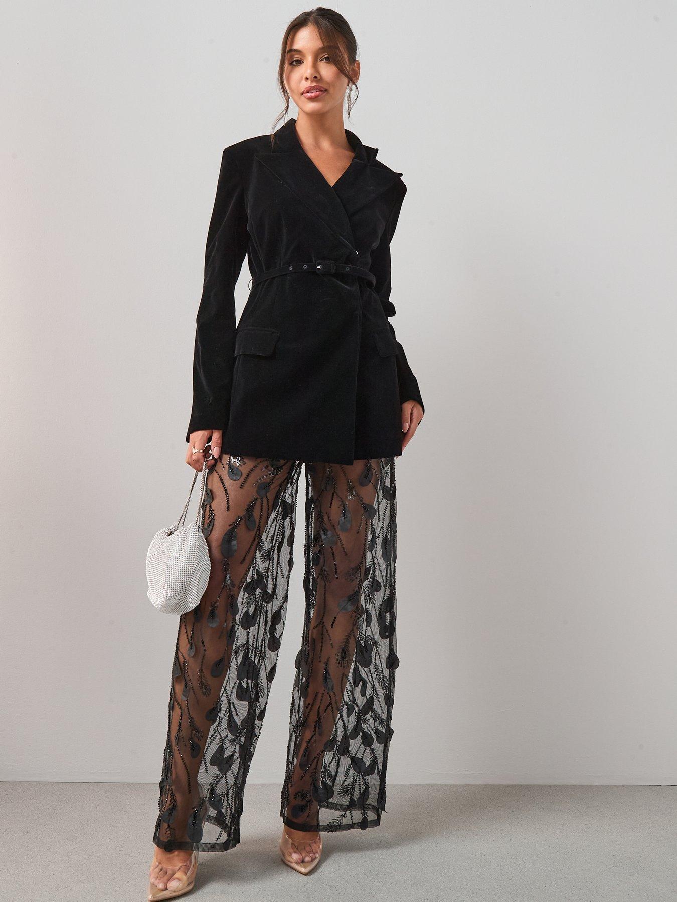 The Very Collection Premium Sheer Embellished Wide Leg Trousers - Black ...