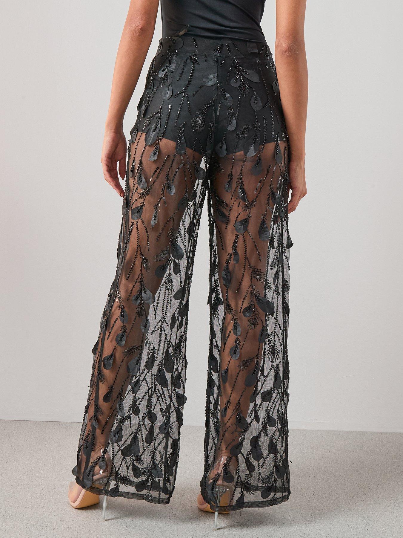 The Very Collection Premium Sheer Embellished Wide Leg Trousers - Black ...