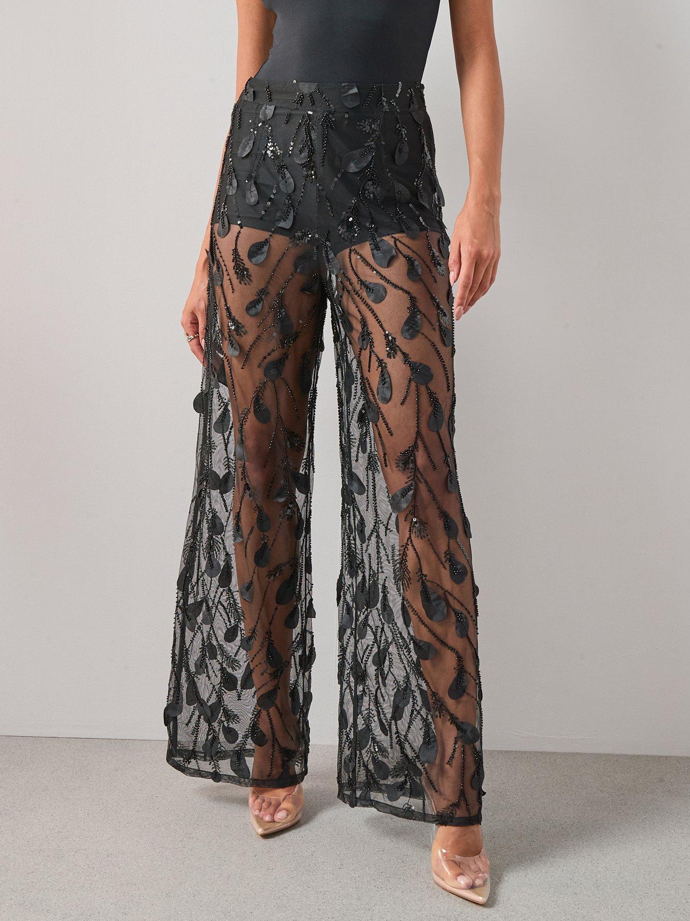 The Very Collection Premium Sheer Embellished Wide Leg Trousers - Black ...