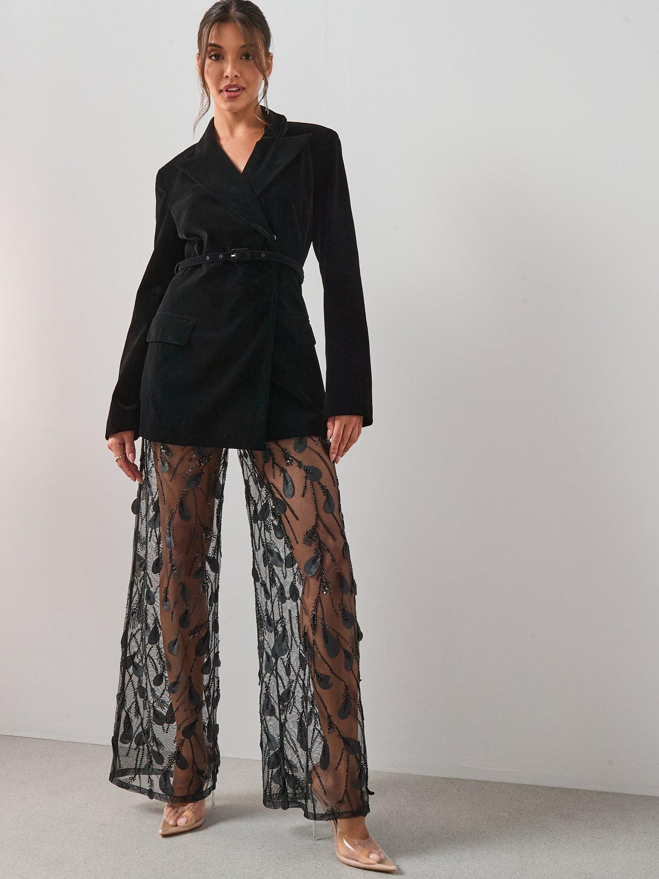 The Very Collection Premium Sheer Embellished Wide Leg Trousers - Black ...