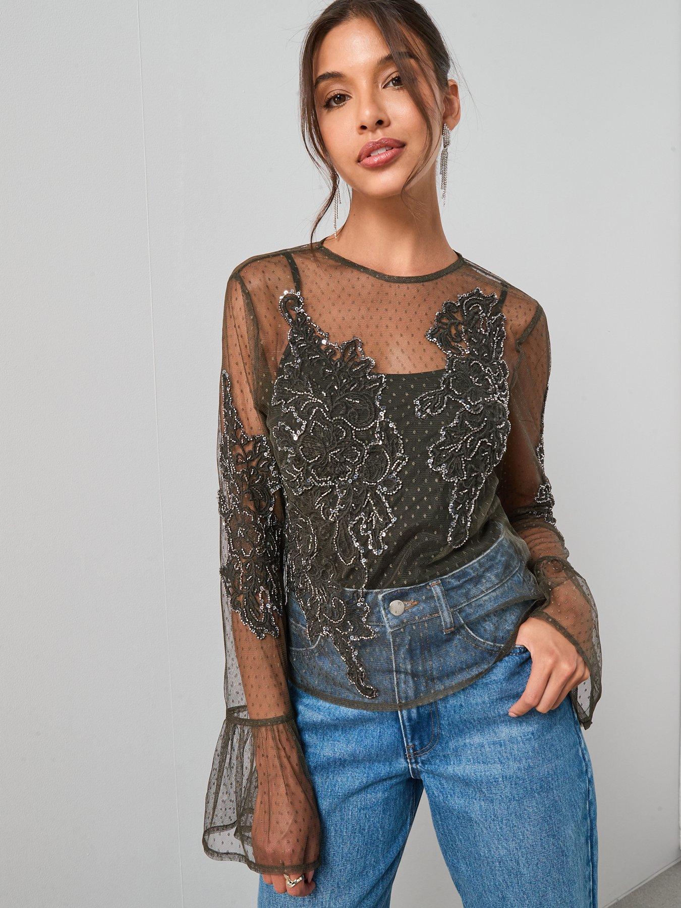 The Very Collection Embellished Broderie Detail Mesh Tie Blouse - Green ...