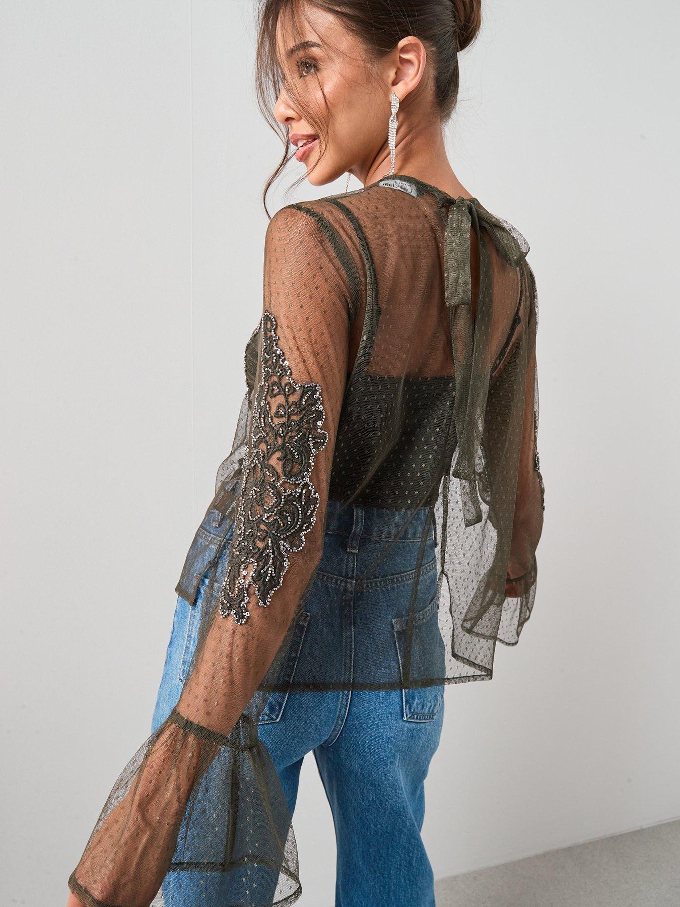 The Very Collection Embellished Broderie Detail Mesh Tie Blouse - Green ...