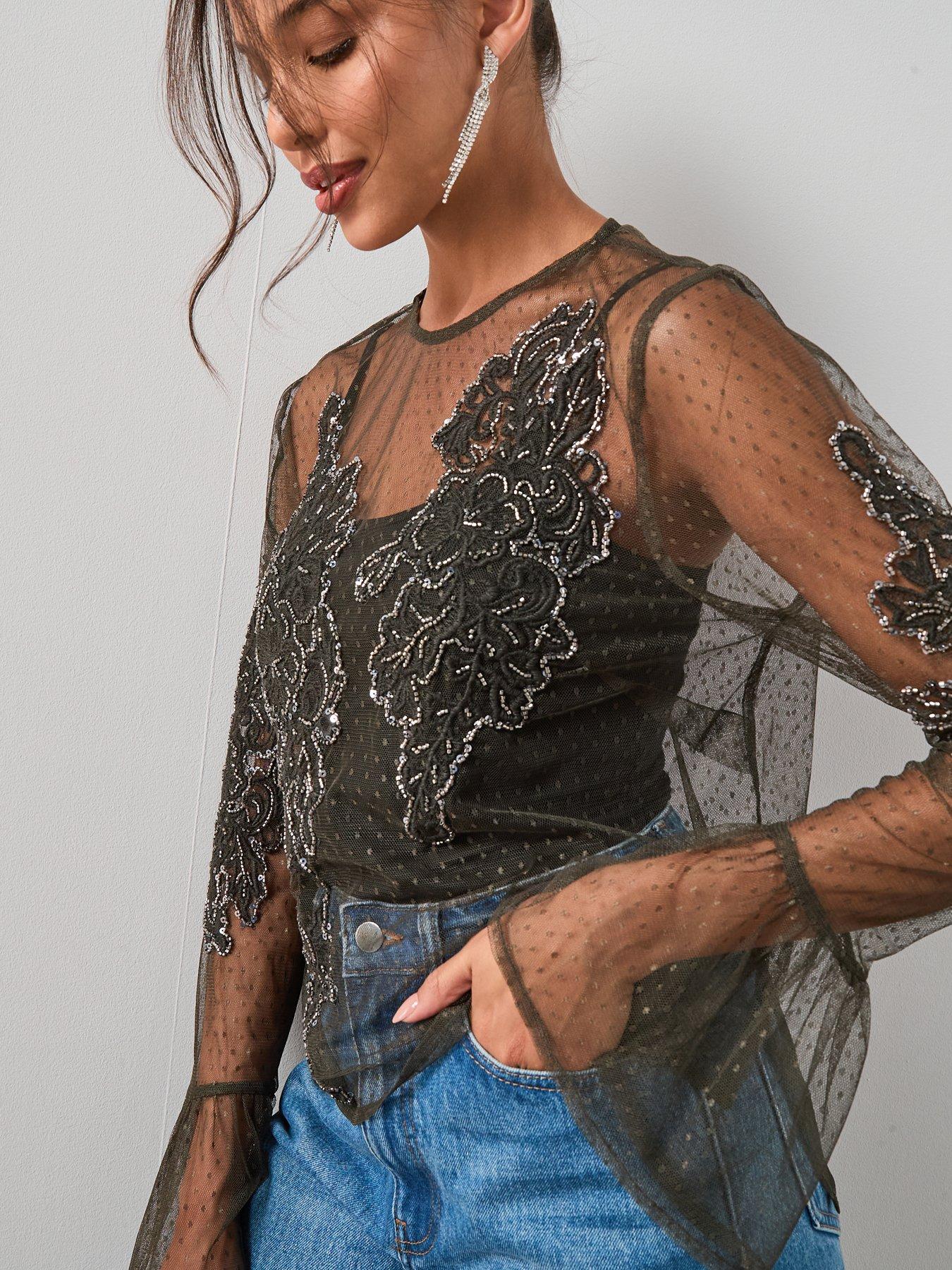 The Very Collection Embellished Broderie Detail Mesh Tie Blouse - Green ...