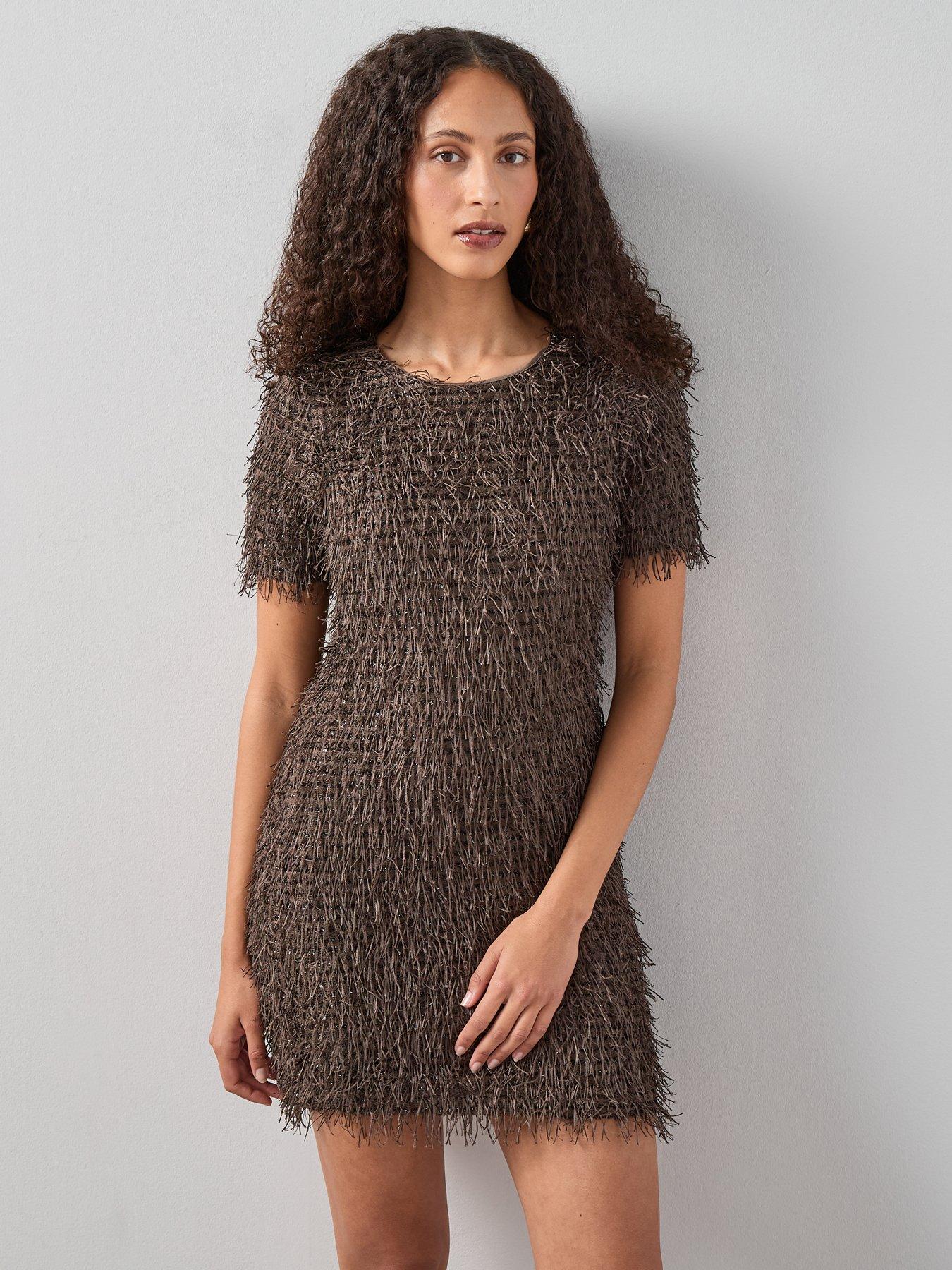 The Very Collection Fringed Mini Shift Dress - Brown | Very