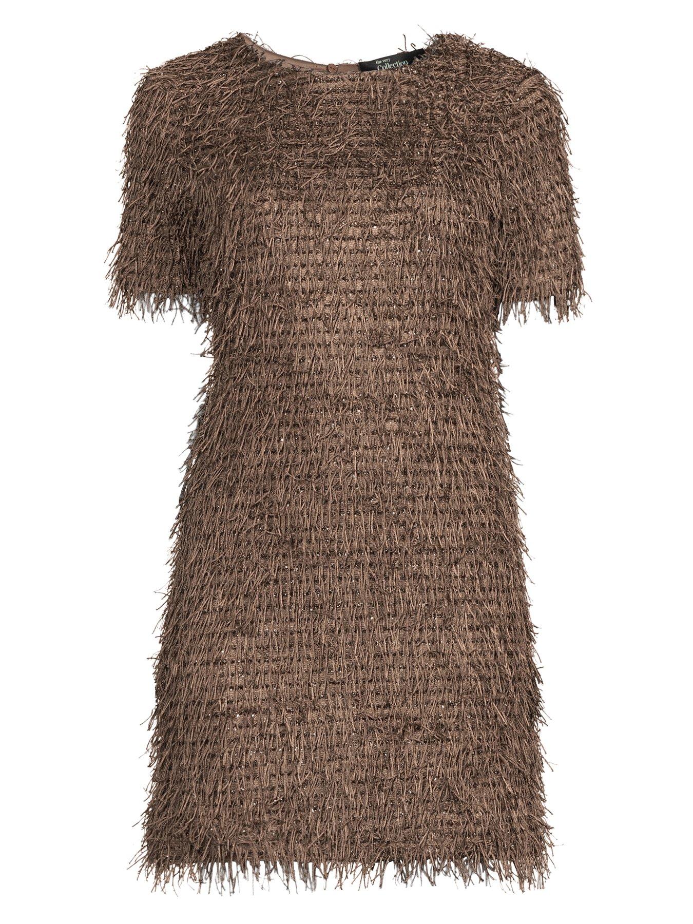 The Very Collection Fringed Mini Shift Dress - Brown | Very