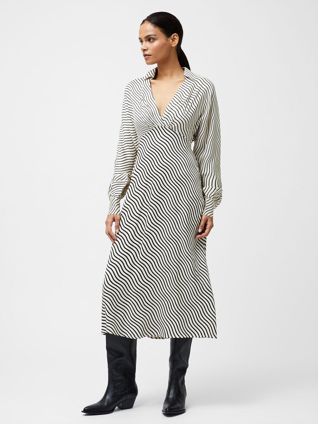 French Connection Long Sleeve Striped Satin V-neck Collar Midi Dress ...