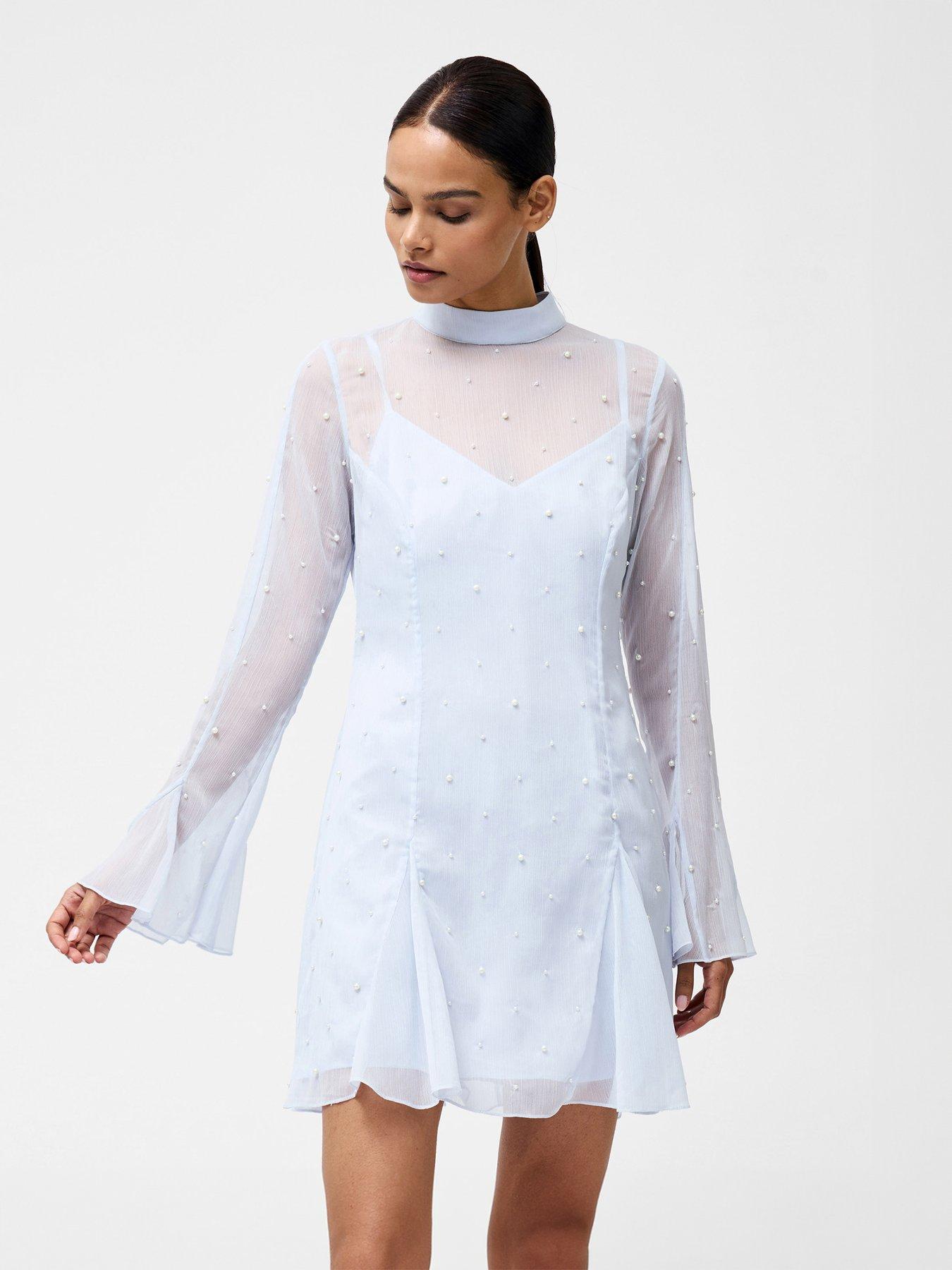 French Connection Chiffon High Neck Frill Sleeve Pearl Mini Dress | Very