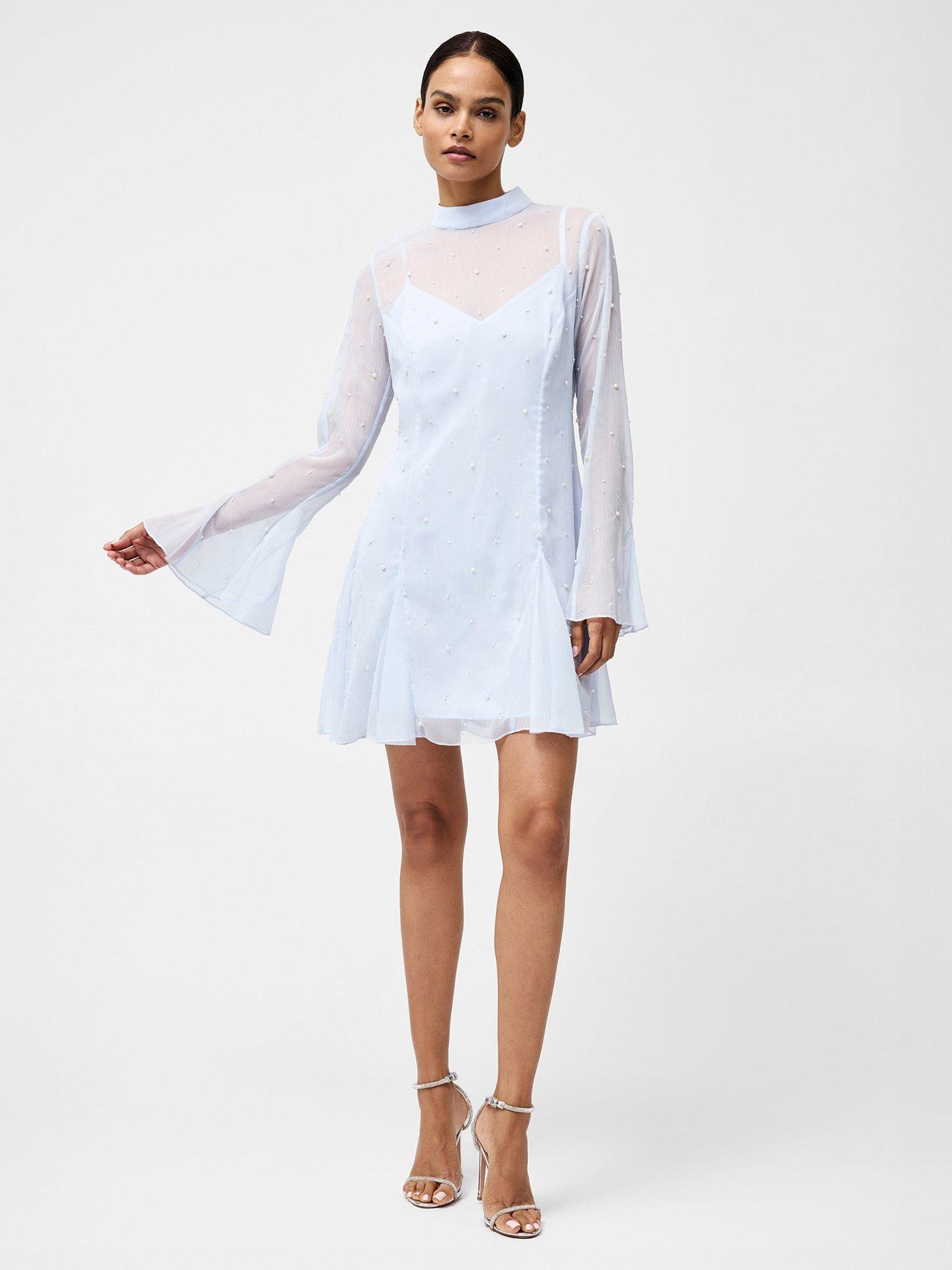 French Connection Chiffon High Neck Frill Sleeve Pearl Mini Dress | Very
