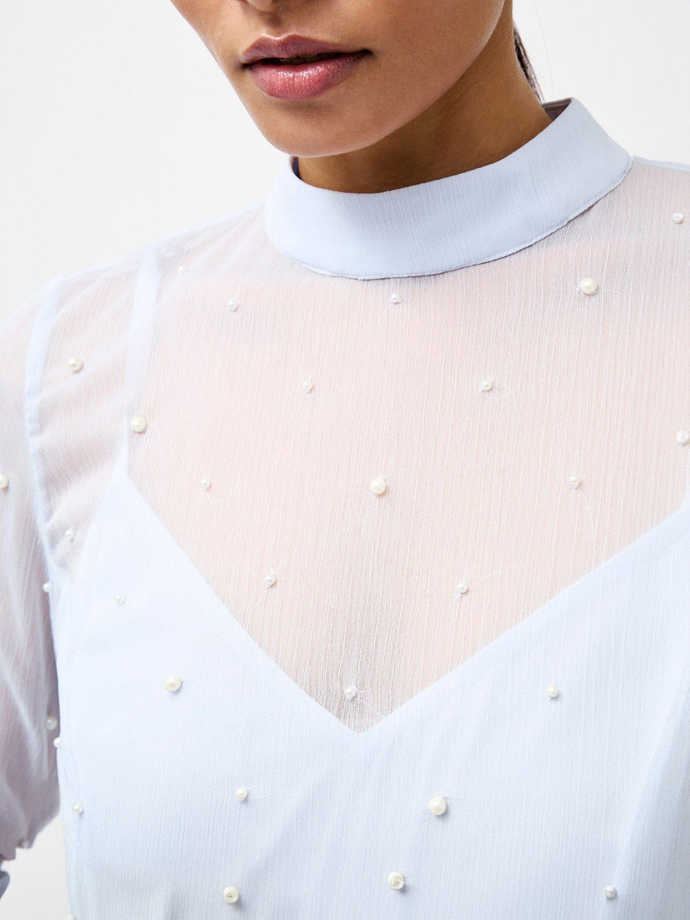 French Connection Chiffon High Neck Frill Sleeve Pearl Mini Dress | Very