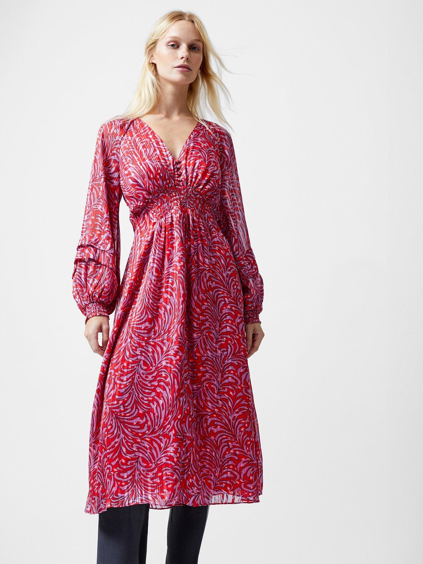French Connection Ruched Chiffon V-Neck Long Sleeve Printed Midi Dress ...