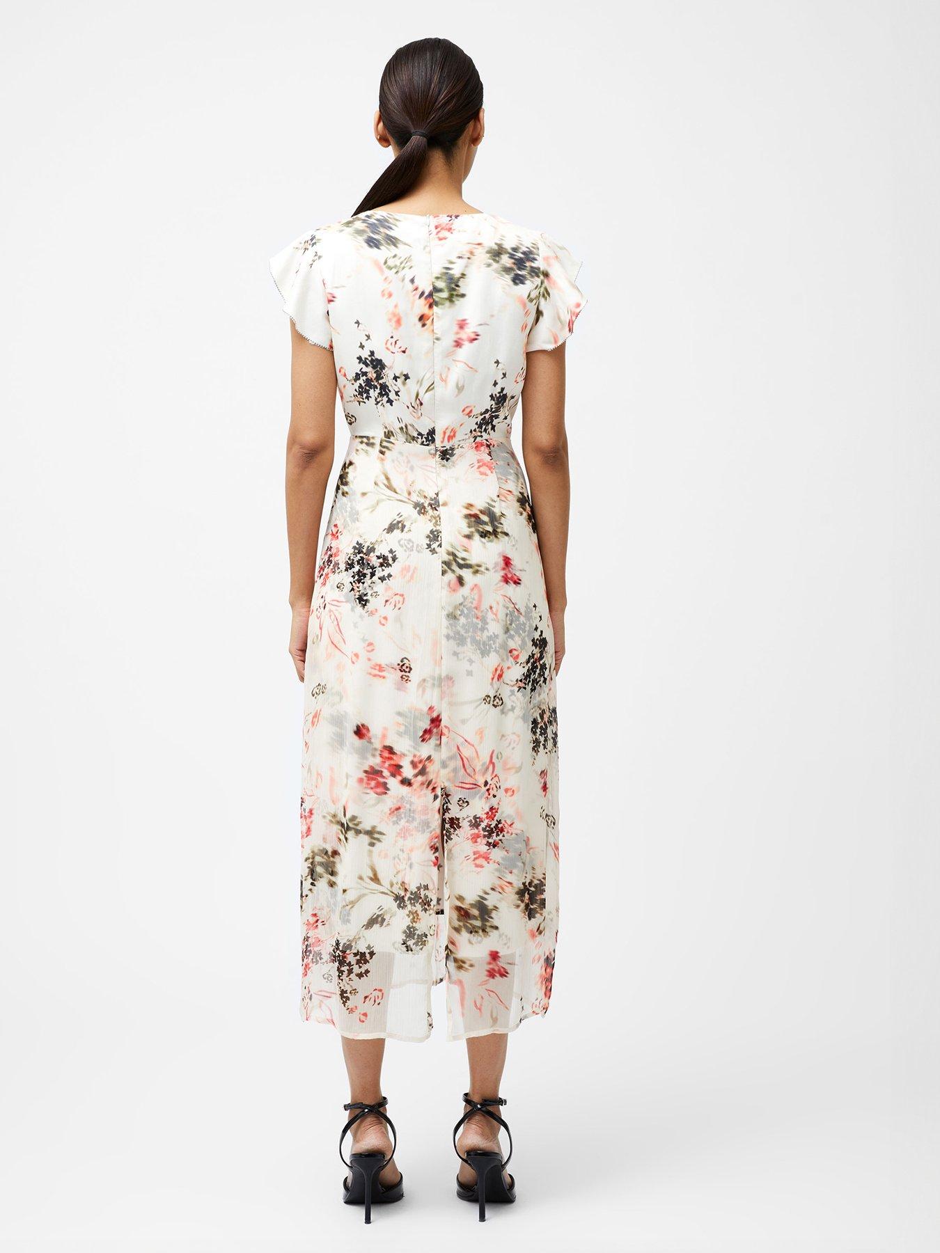 French Connection Satin Overlay Floral Print Short Frill Sleeve Midi ...