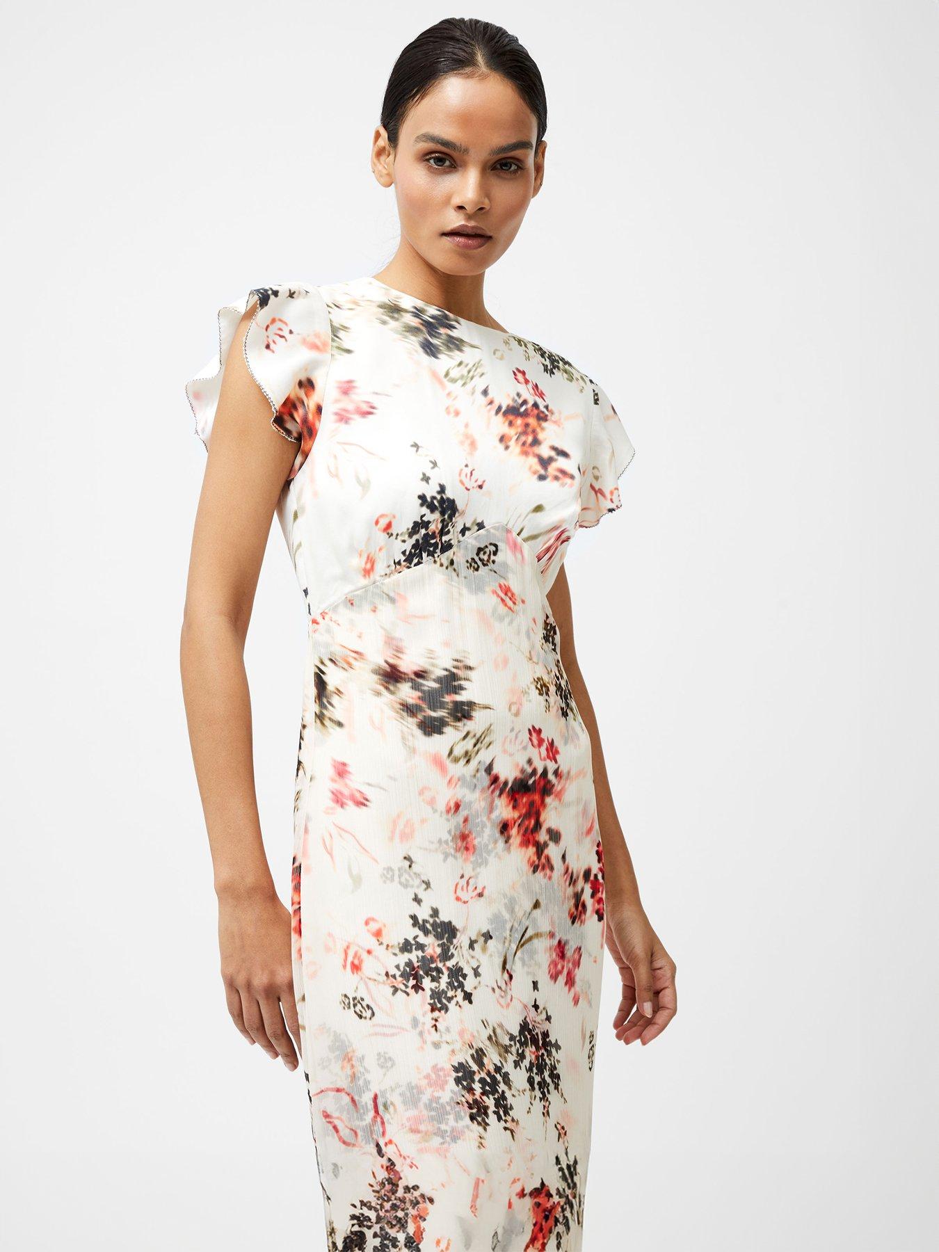 French Connection Satin Overlay Floral Print Short Frill Sleeve Midi ...