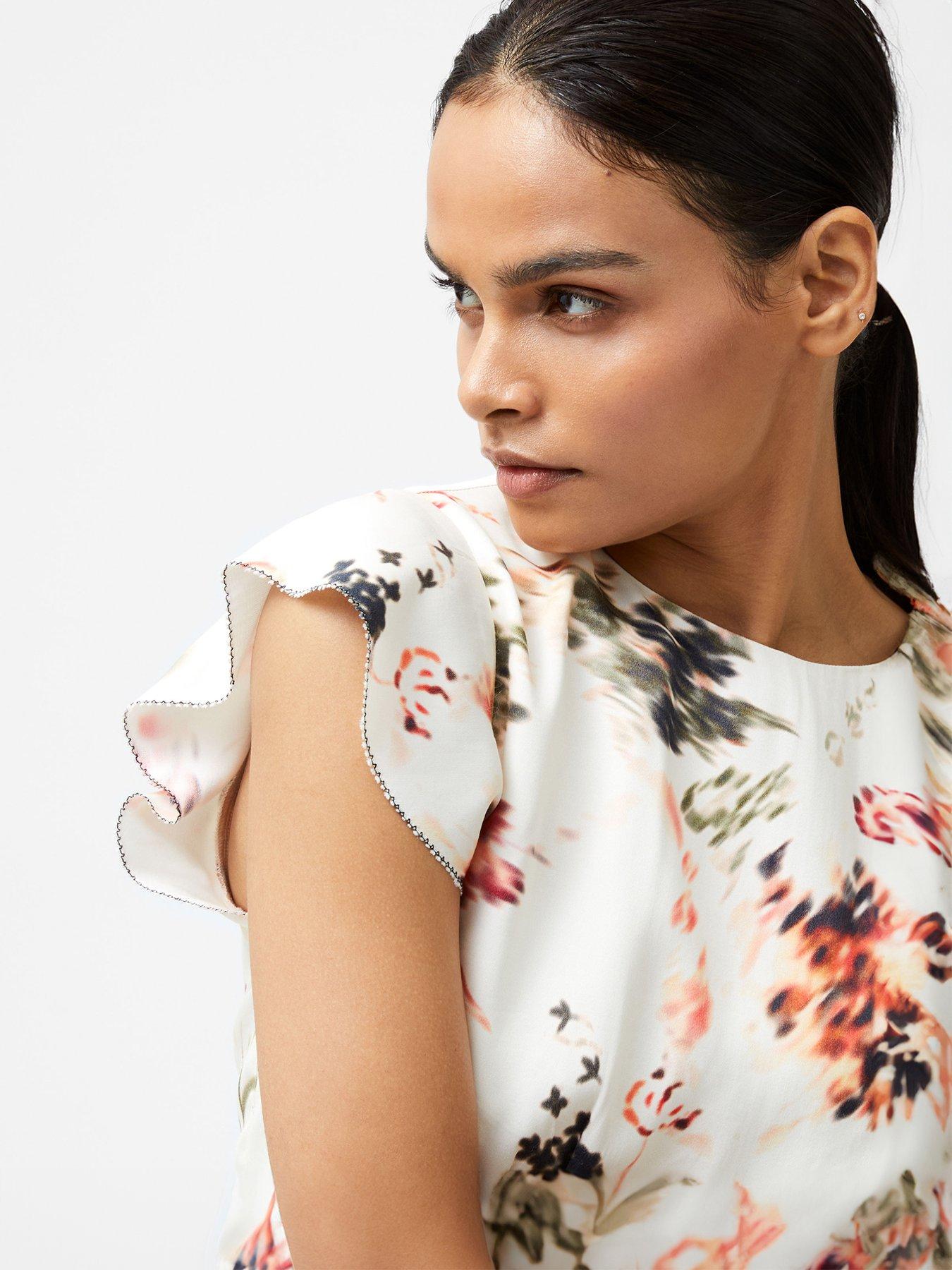 French Connection Satin Overlay Floral Print Short Frill Sleeve Midi ...