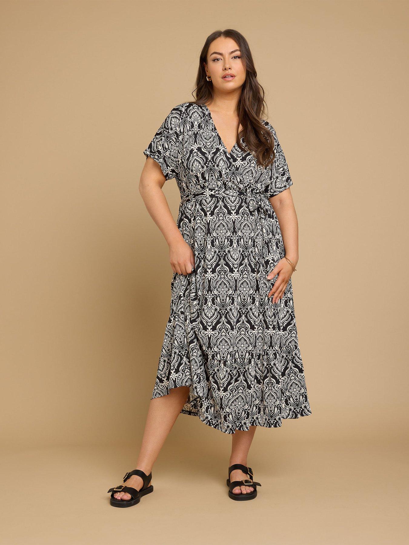 Yours Curve Wrap Front Grown On Sleeve Dress - Black | Very