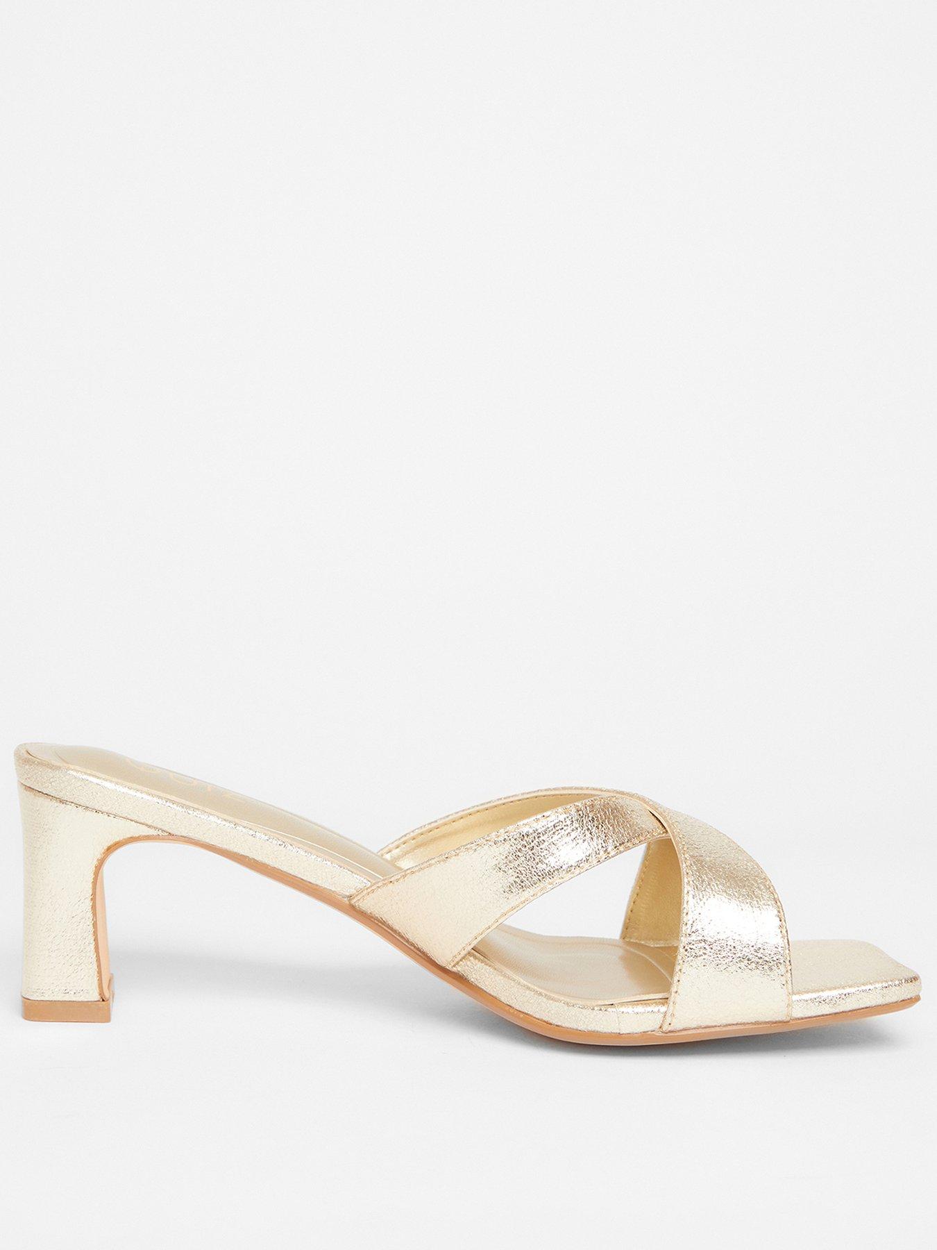 Quiz Wide Fit Gold Cross Strap Mule Heels | Very