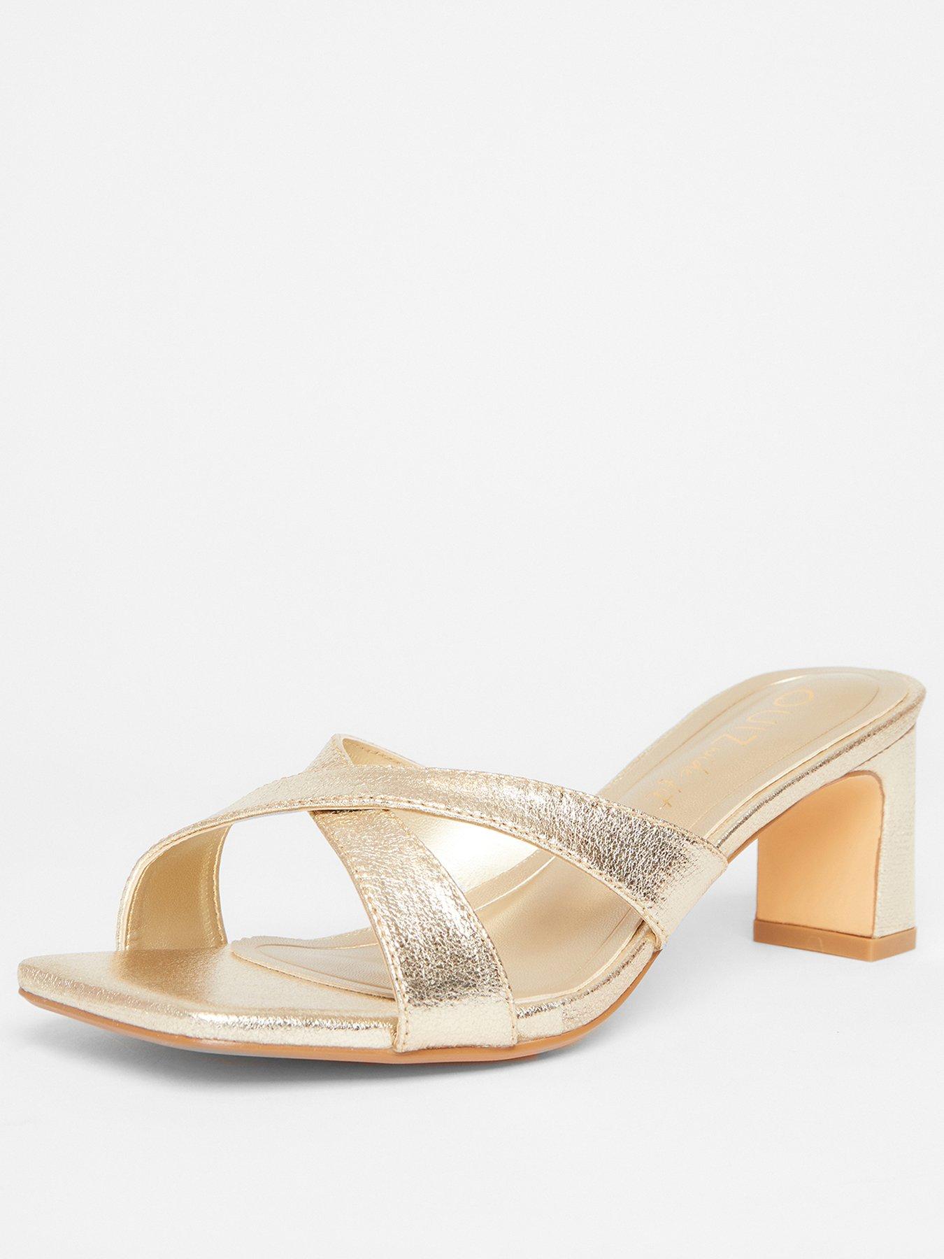 Quiz Wide Fit Gold Cross Strap Mule Heels | Very