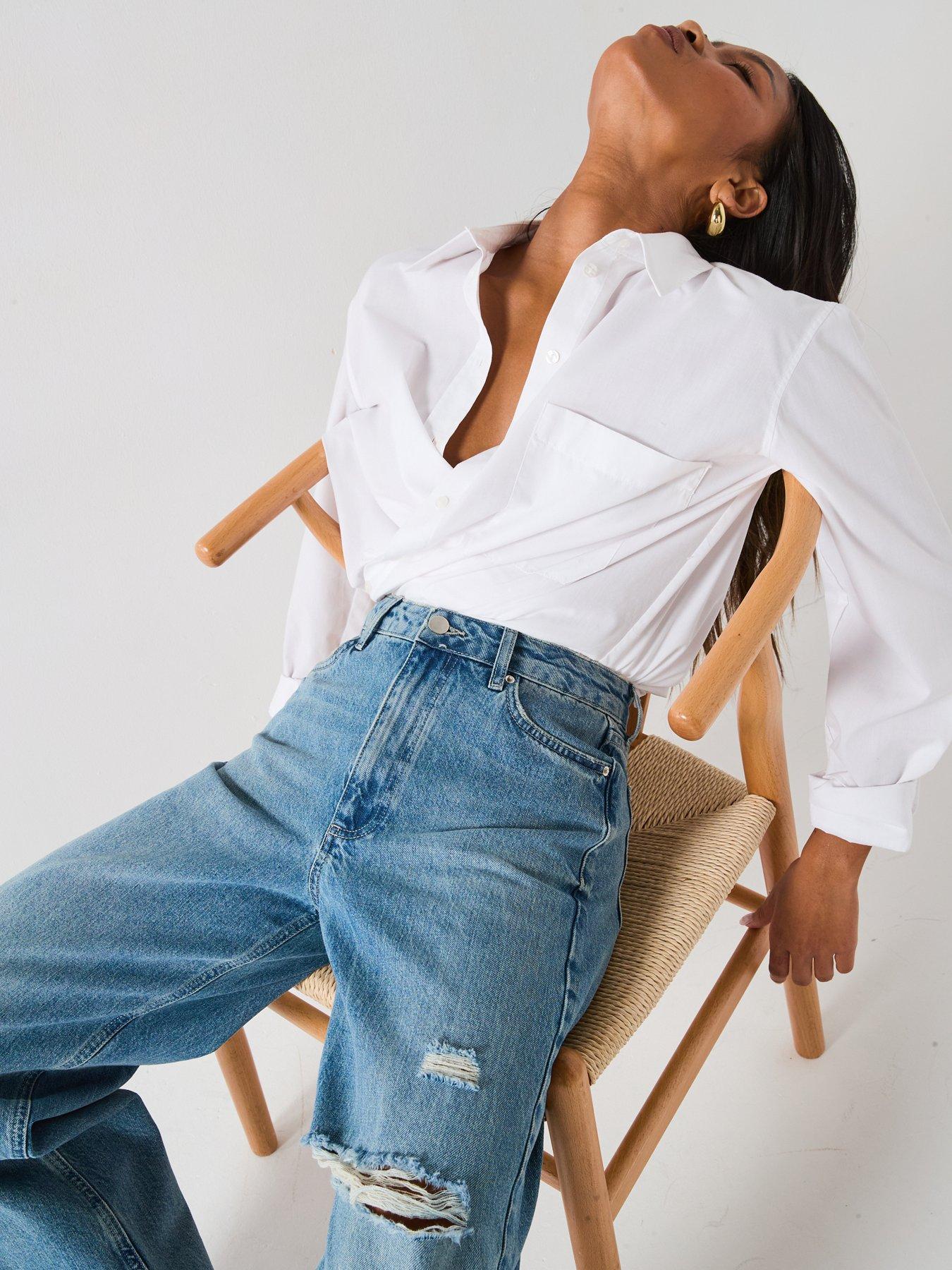 V by Very Wide Leg Jeans with Rips - Mid Wash | Very