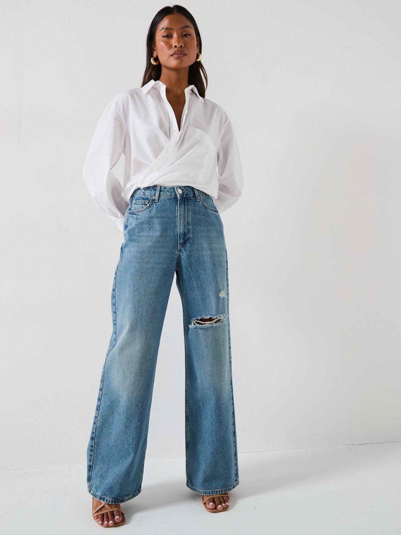 V by Very Wide Leg Jeans with Rips - Mid Wash | Very