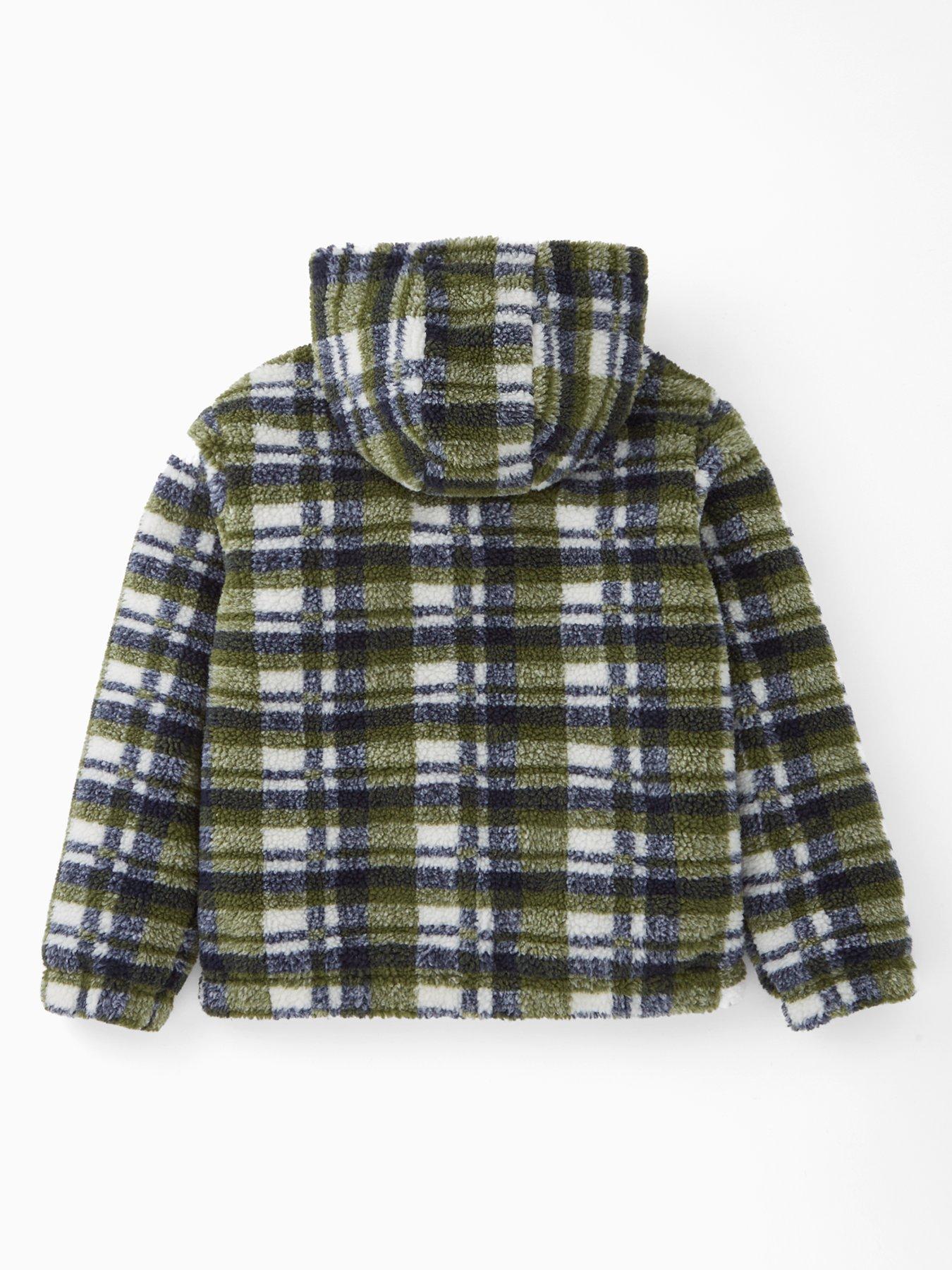 V by Very Boys Check Borg Hooded Jacket - Green | Very