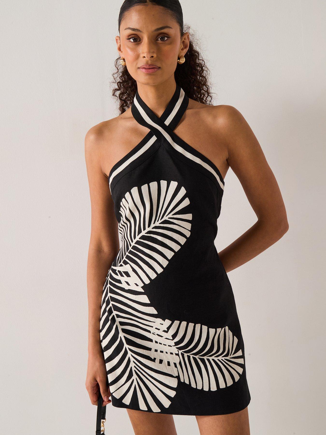 Forever New Adore Halter Neck Palm Linen Mini - Black | Very
