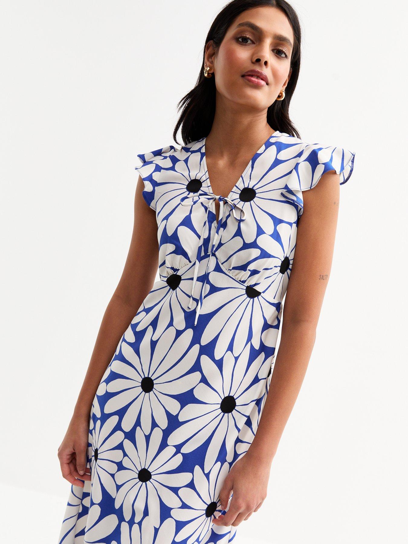 New Look Blue Floral Print V-neck Midi Dress | Very