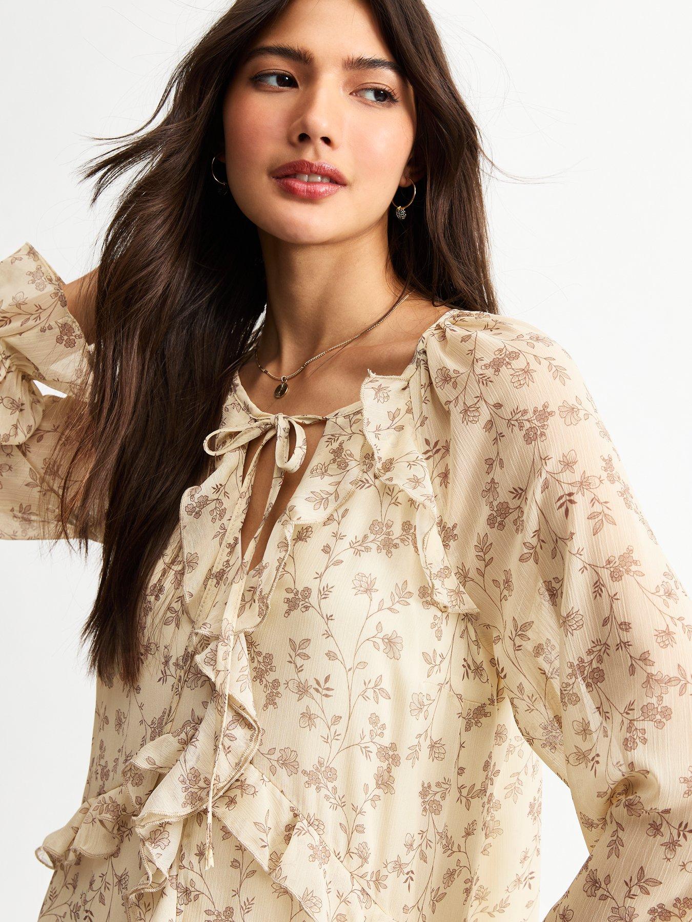 New Look Cream Floral Print Frilly Trim Chiffon Mini Dress | Very