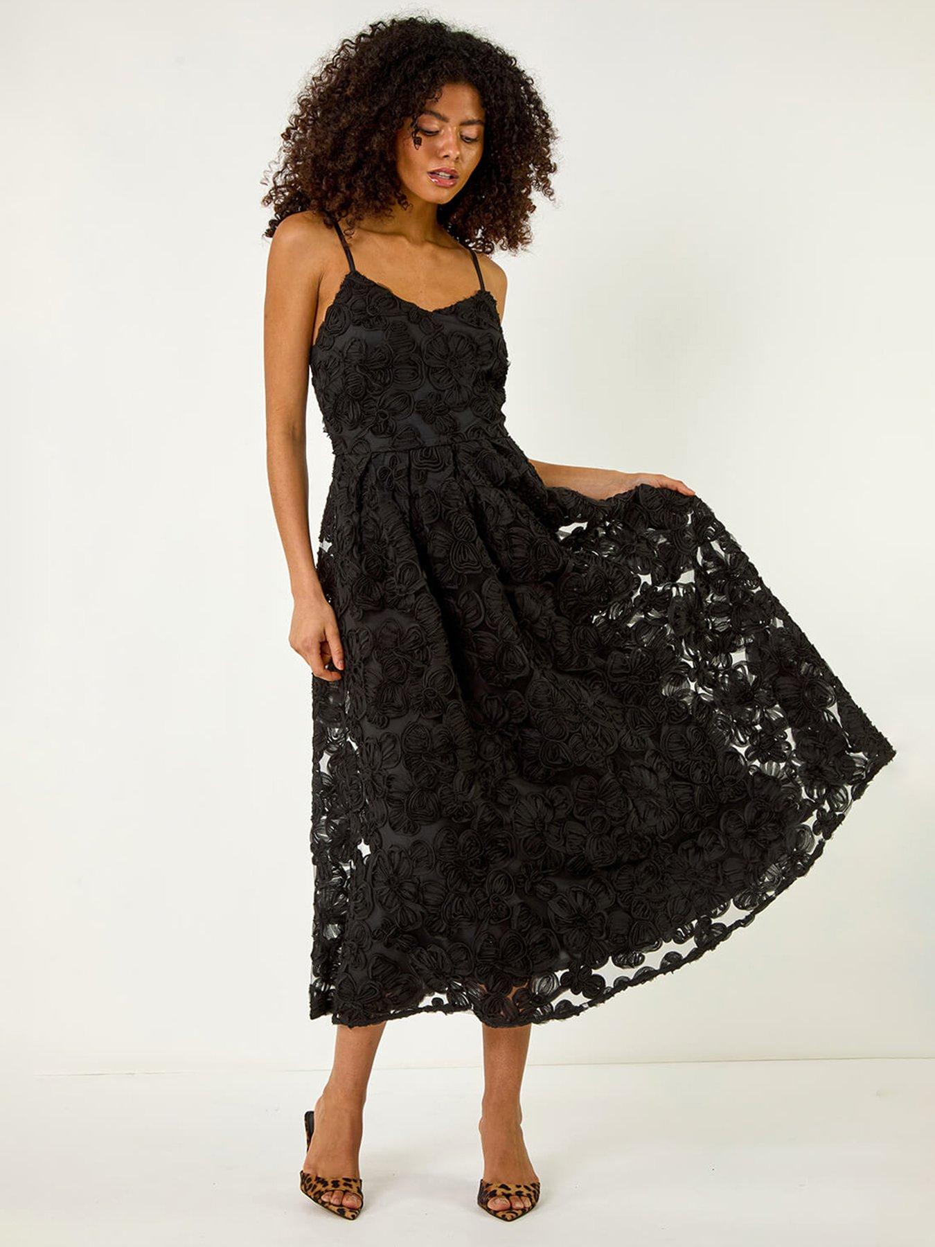 Roman Dusk Floral V-neck Strap Midi Dress - Black | Very