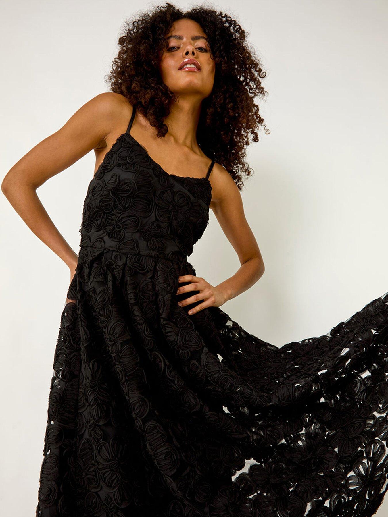 Roman Dusk Floral V-neck Strap Midi Dress - Black | Very