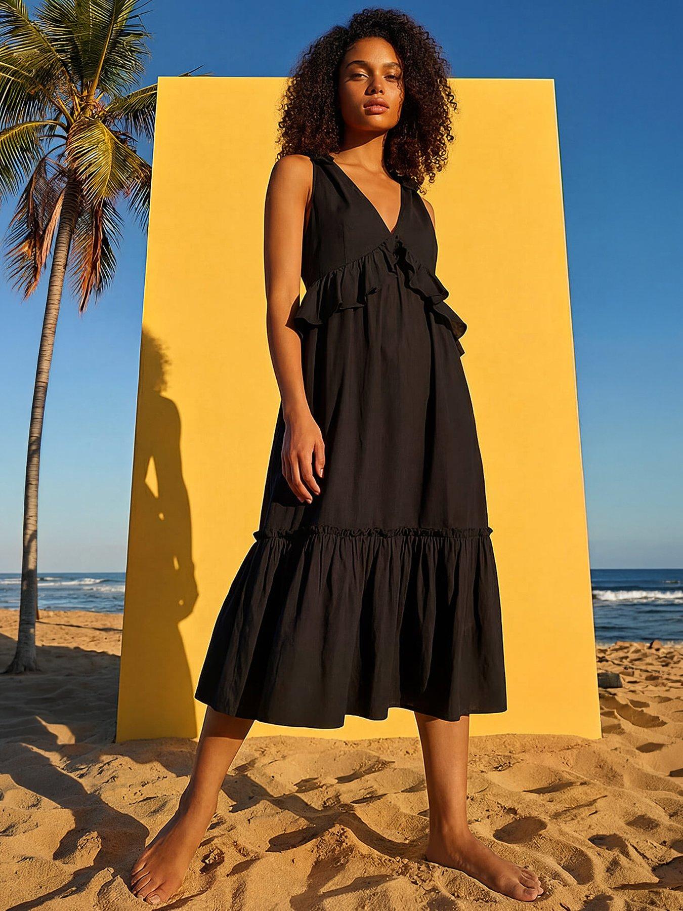 Roman Bow Detail Poplin Midi Dress - Black | Very