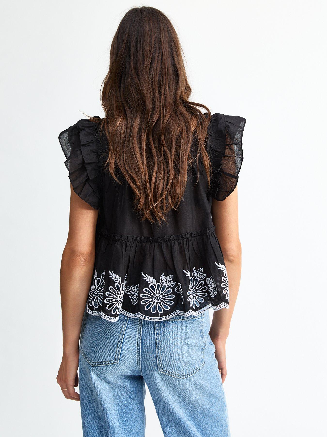 New Look Black Floral Embroidered Frilly Trim Top | Very