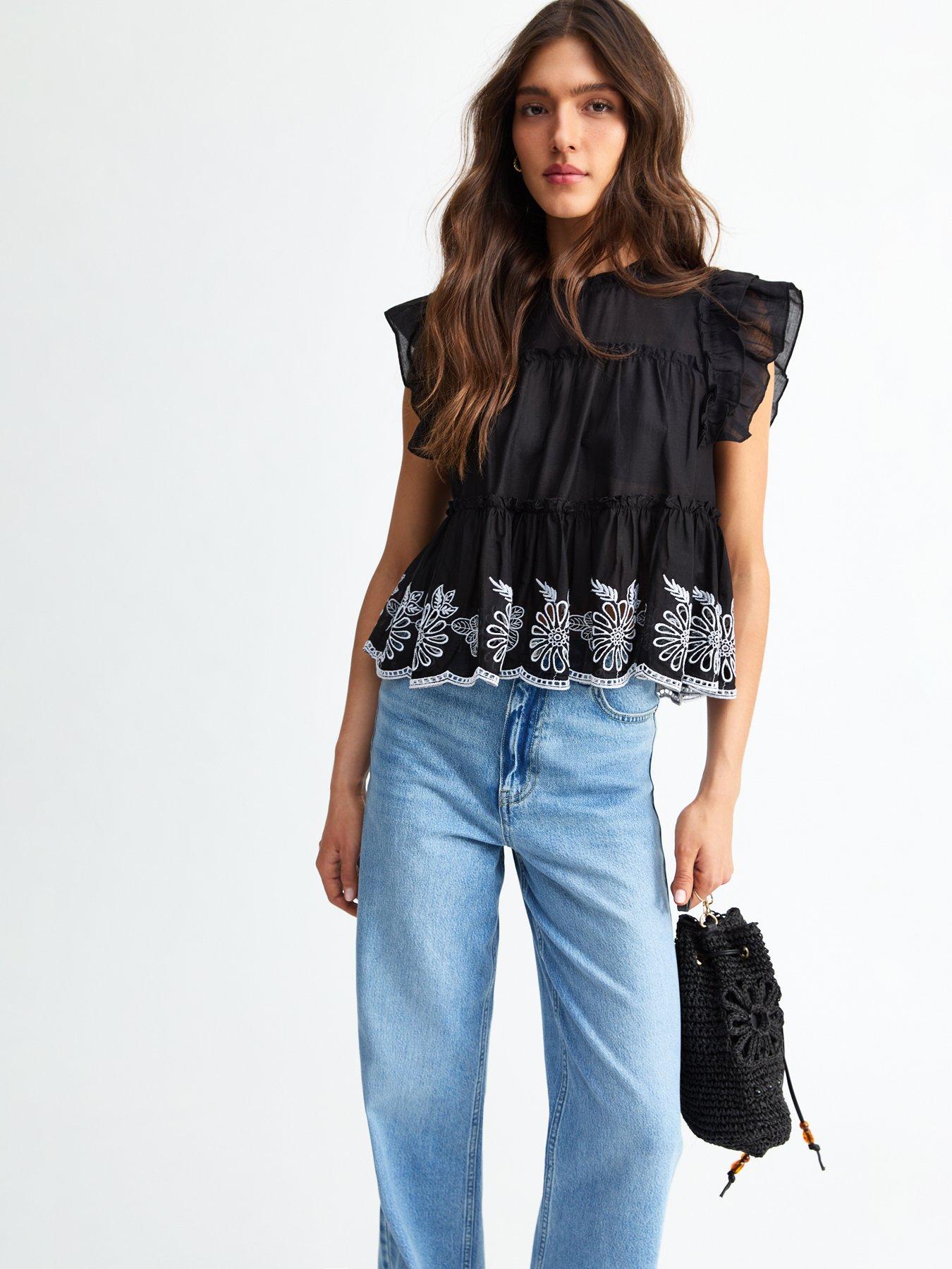 New Look Black Floral Embroidered Frilly Trim Top | Very