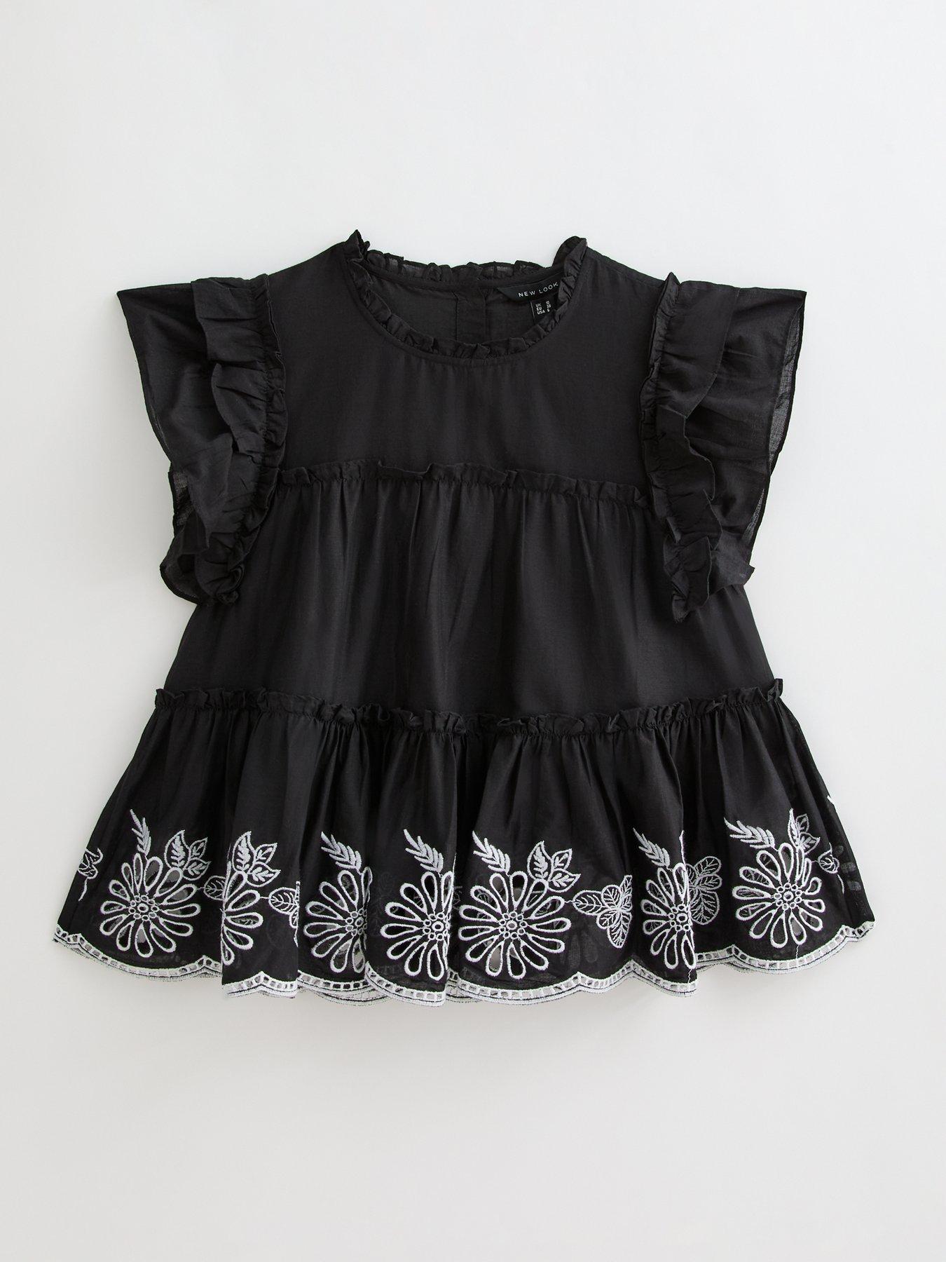 New Look Black Floral Embroidered Frilly Trim Top | Very