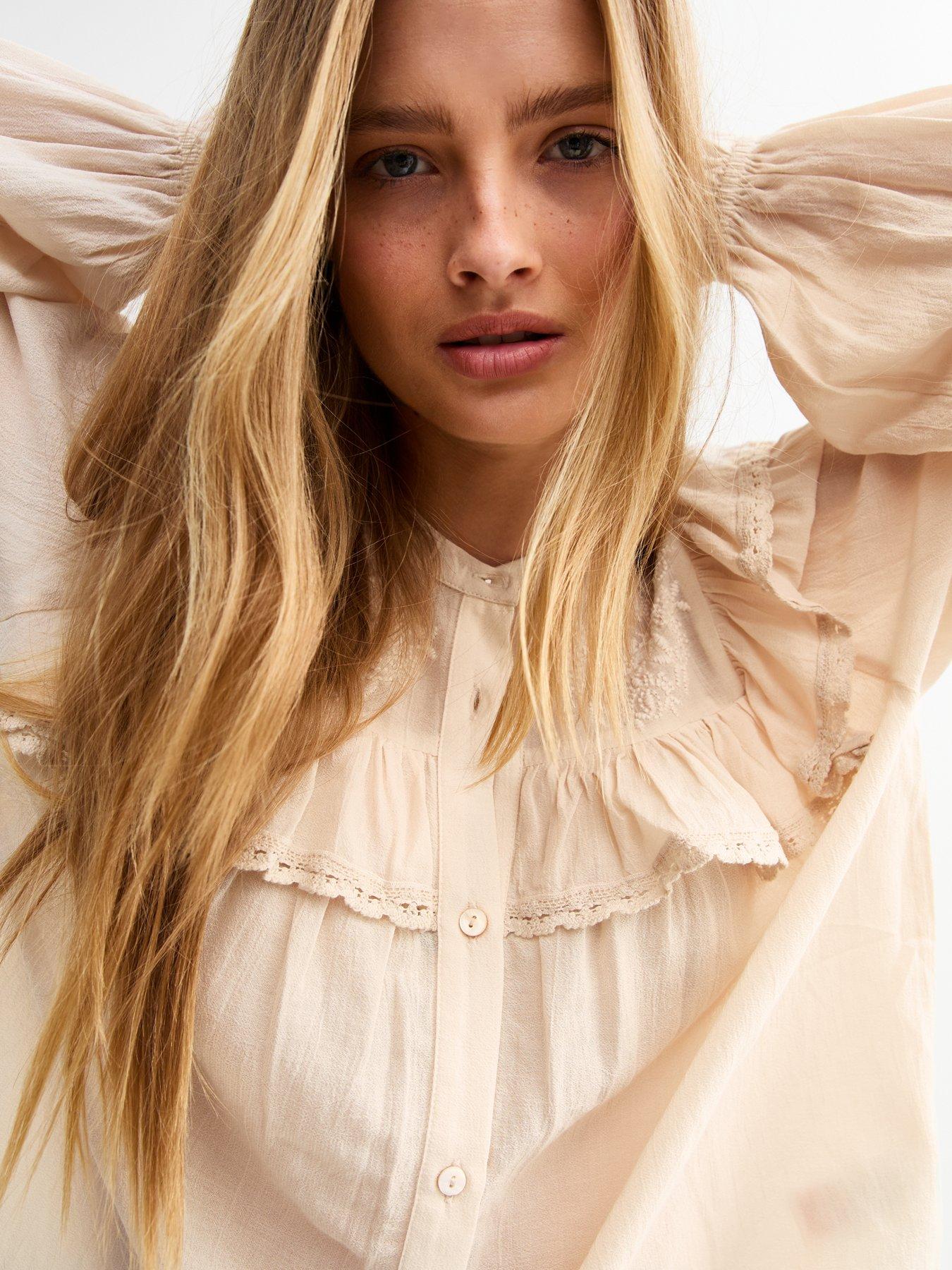 New Look Cream Floral Embroidered Frill Trim Blouse - Pink | Very