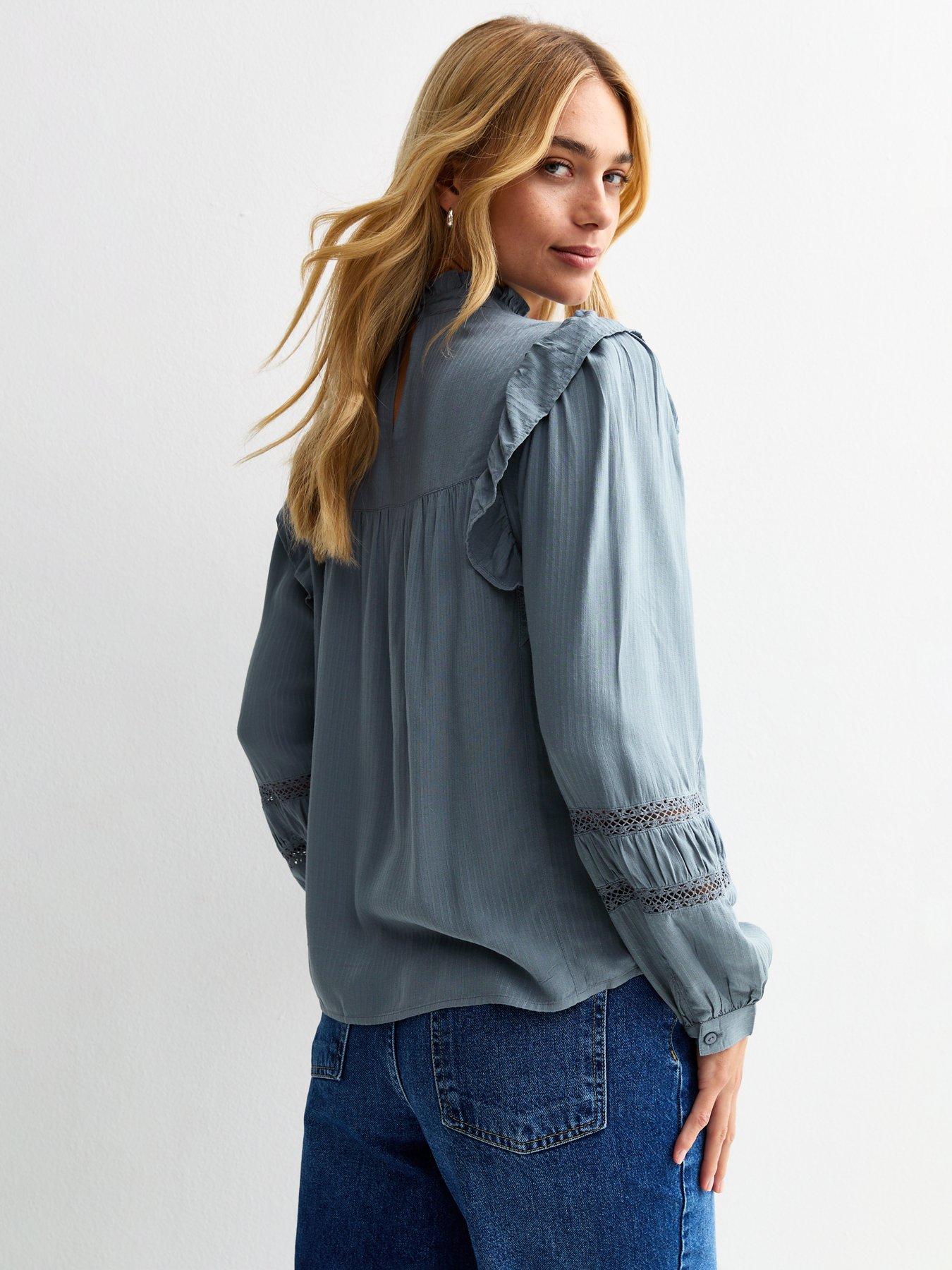 New Look Frilly Trimmed Lace Insert Blouse - Blue | Very