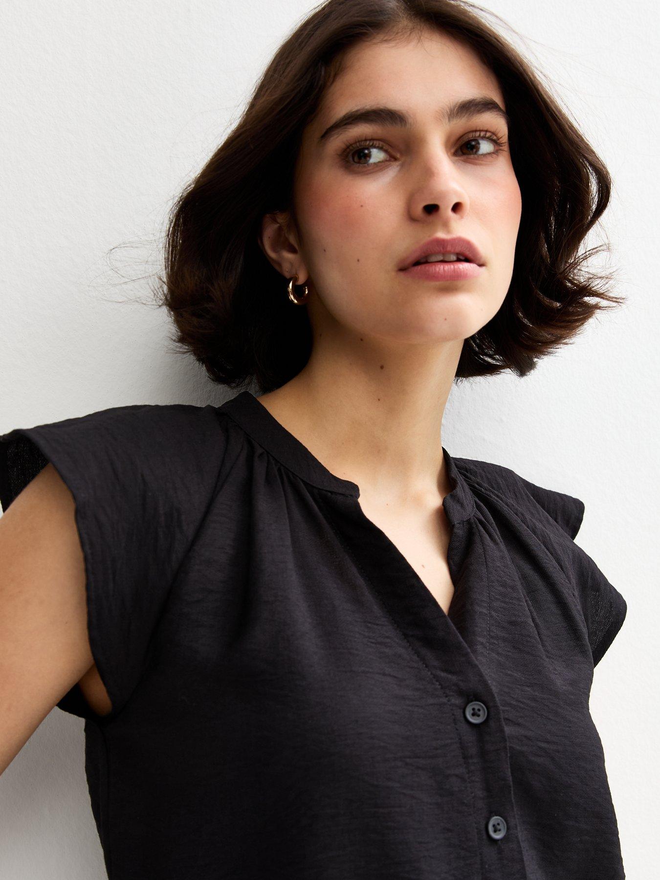 New Look Black Flutter Sleeve Button Up Top | Very
