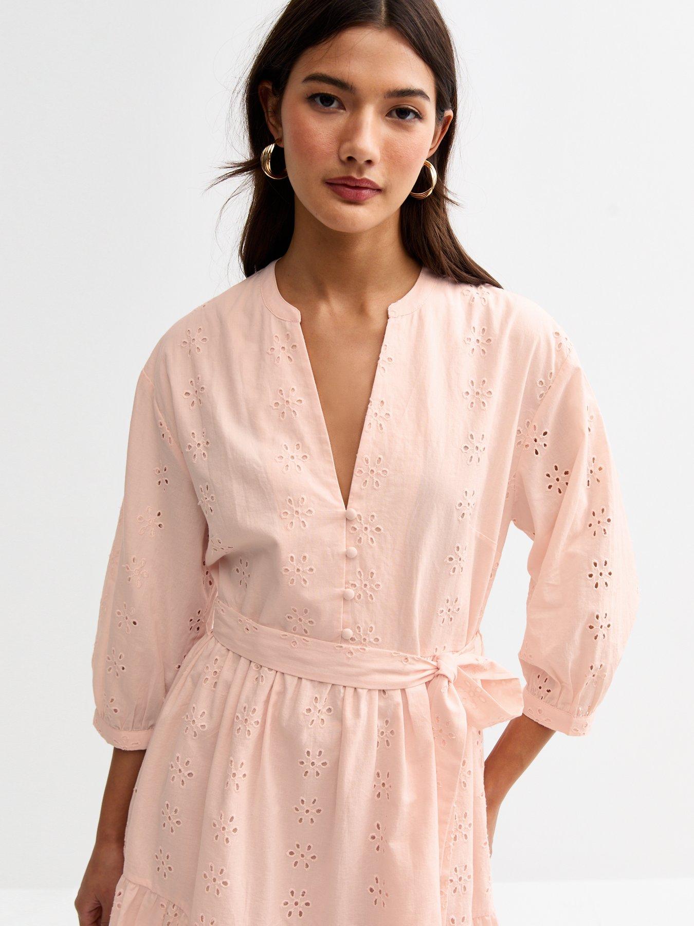 New Look Broderie Long Sleeve Smock Dress - Light Pink | Very