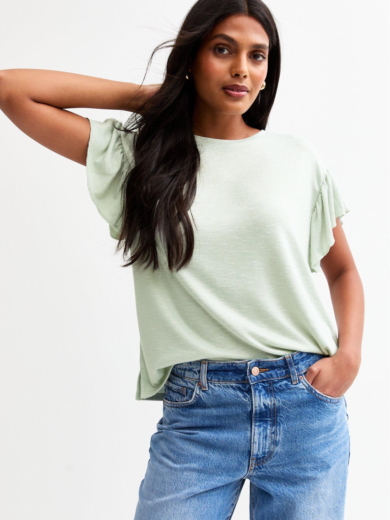 New Look Textured Frilly Trim Top - Light Green | Very