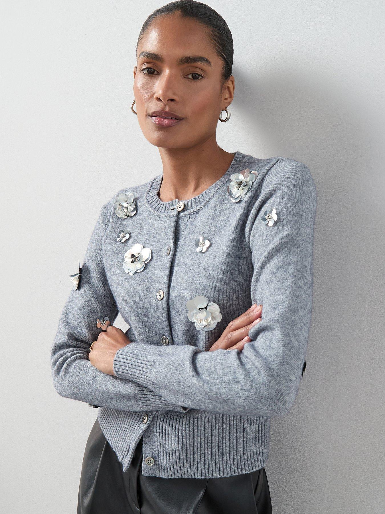 The Very Collection Crew Neck Flower Sequin Cardigan - Grey | Very
