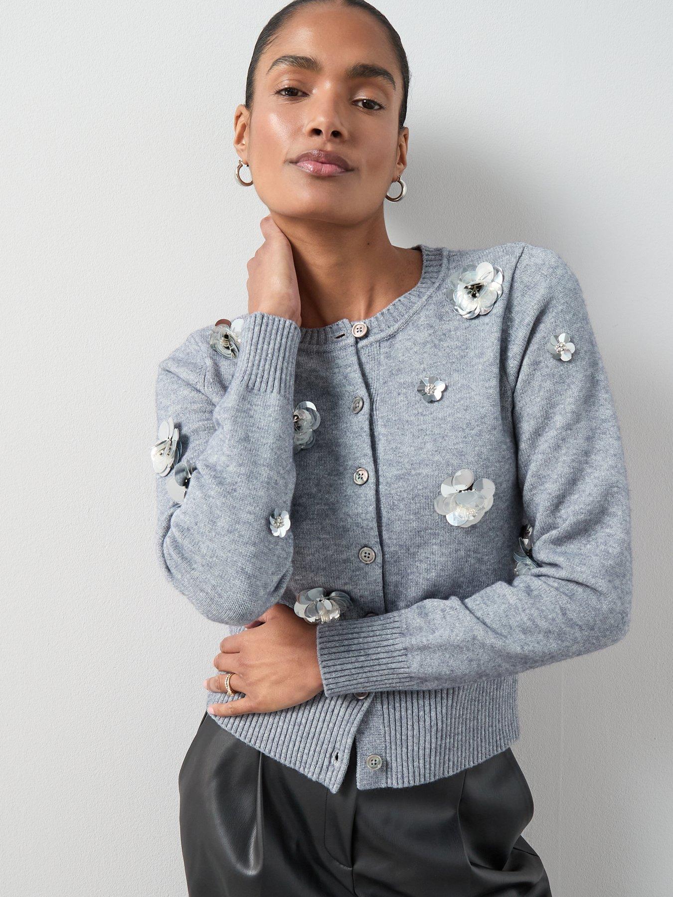 The Very Collection Crew Neck Flower Sequin Cardigan - Grey | Very