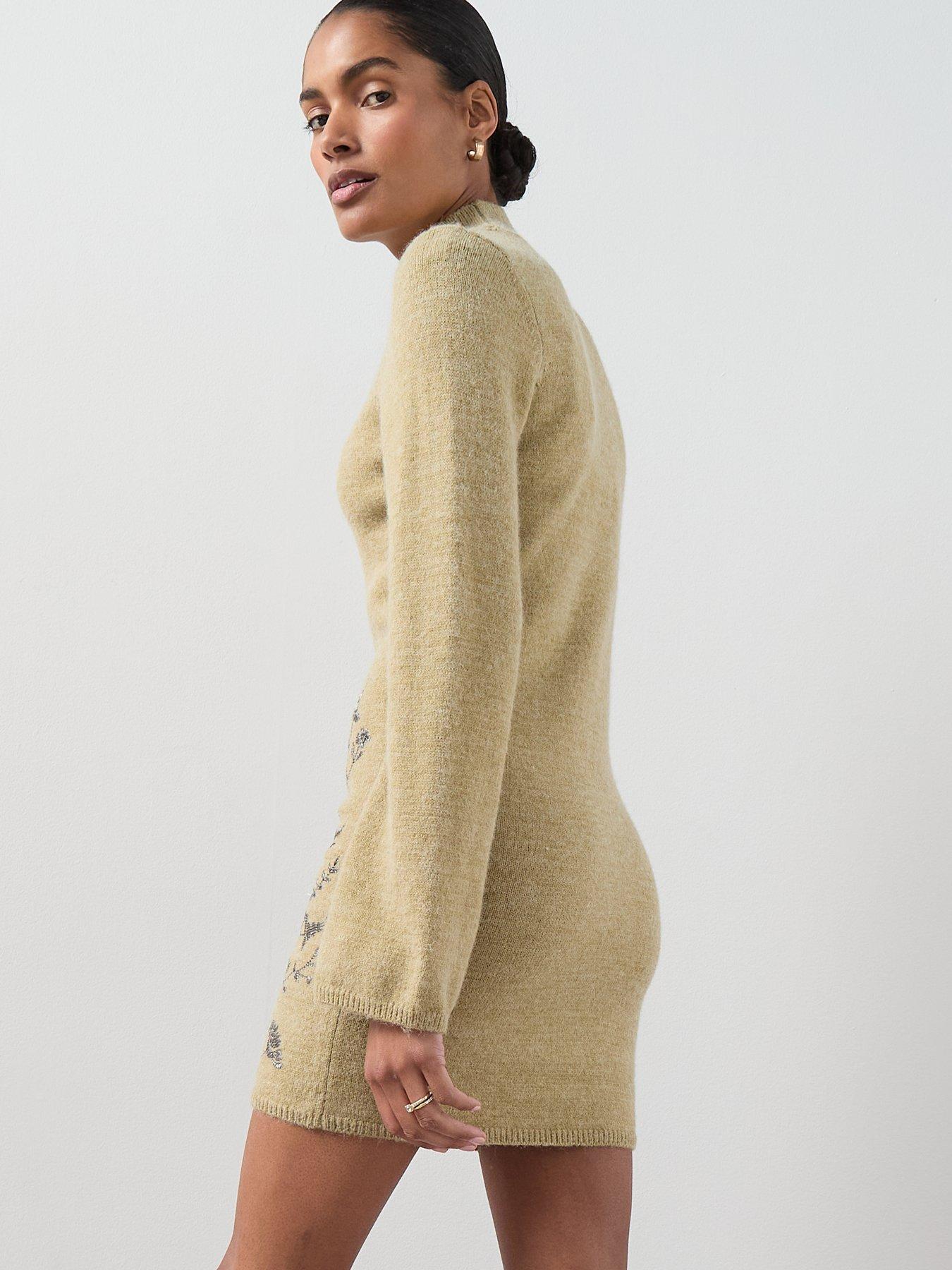 The Very Collection High Neck Embroidered Mini Dress - Green | Very