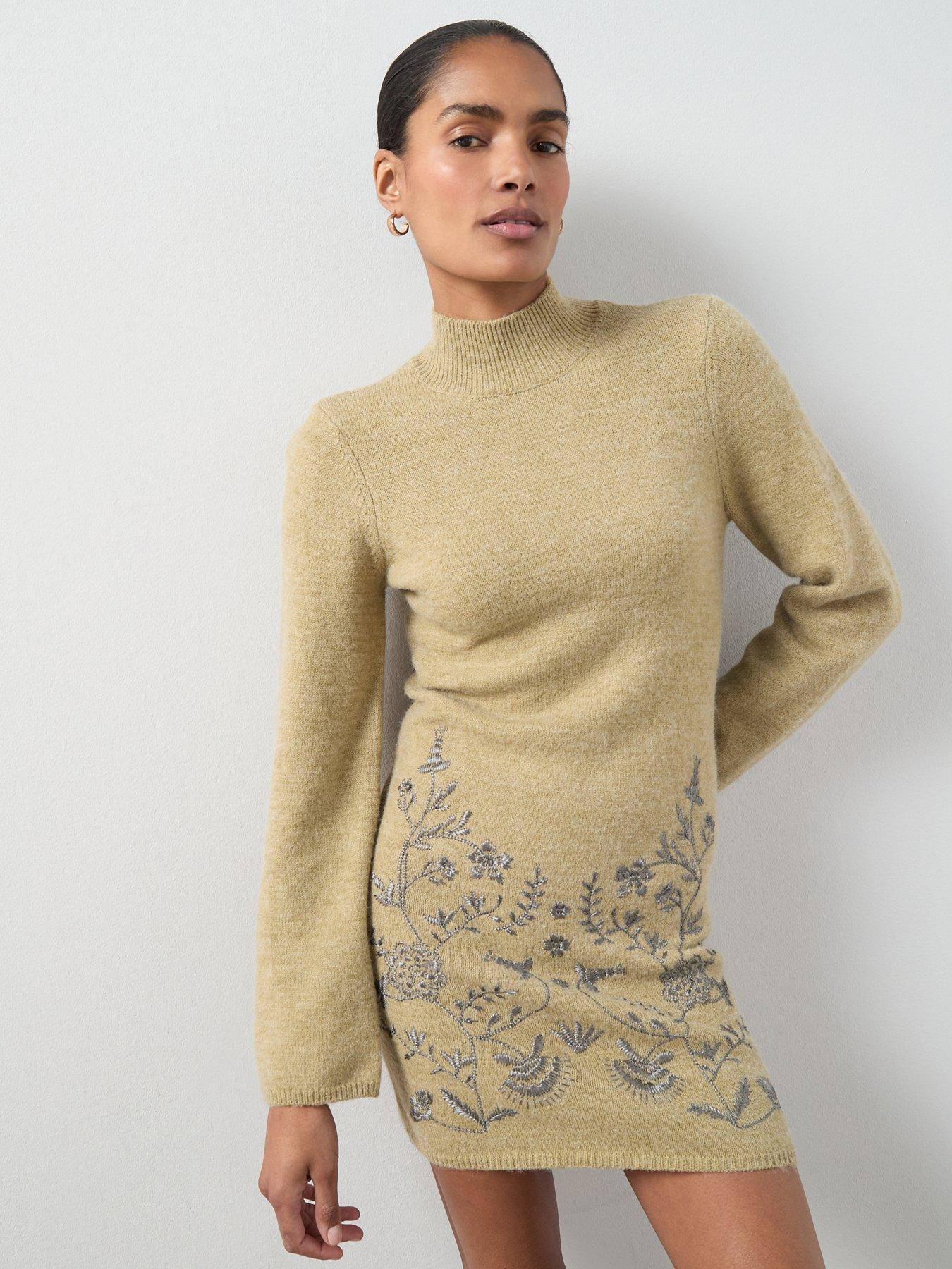The Very Collection High Neck Embroidered Mini Dress - Green | Very