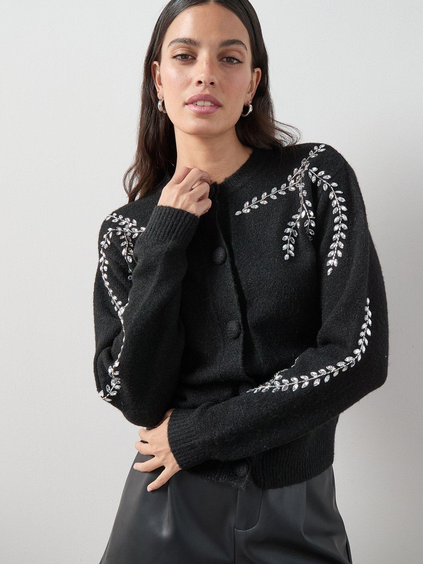 The Very Collection Crew Neck Embellished Cardigan With Wool - Black | Very
