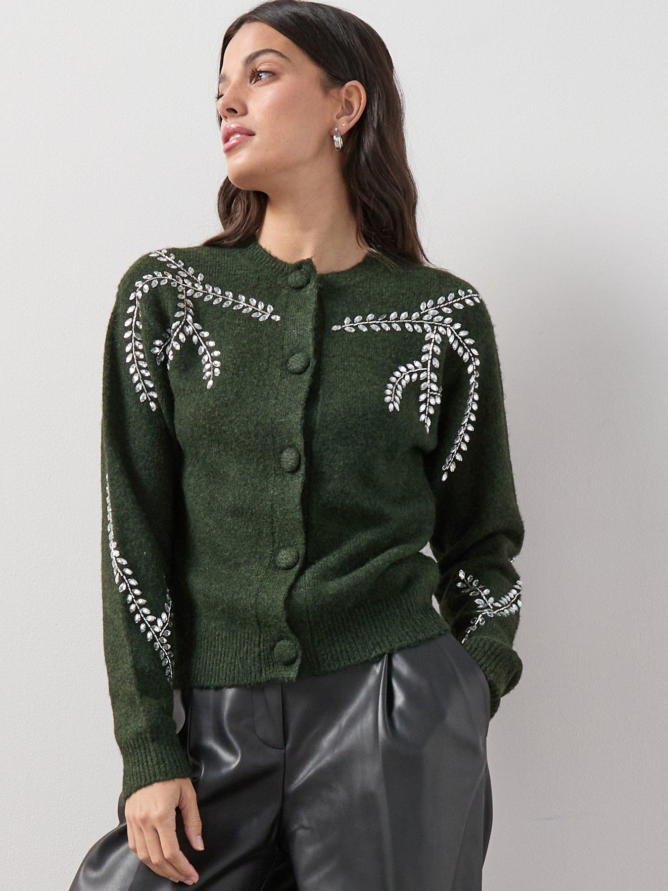 The Very Collection Crew Neck Embellished Cardigan With Wool - Green | Very