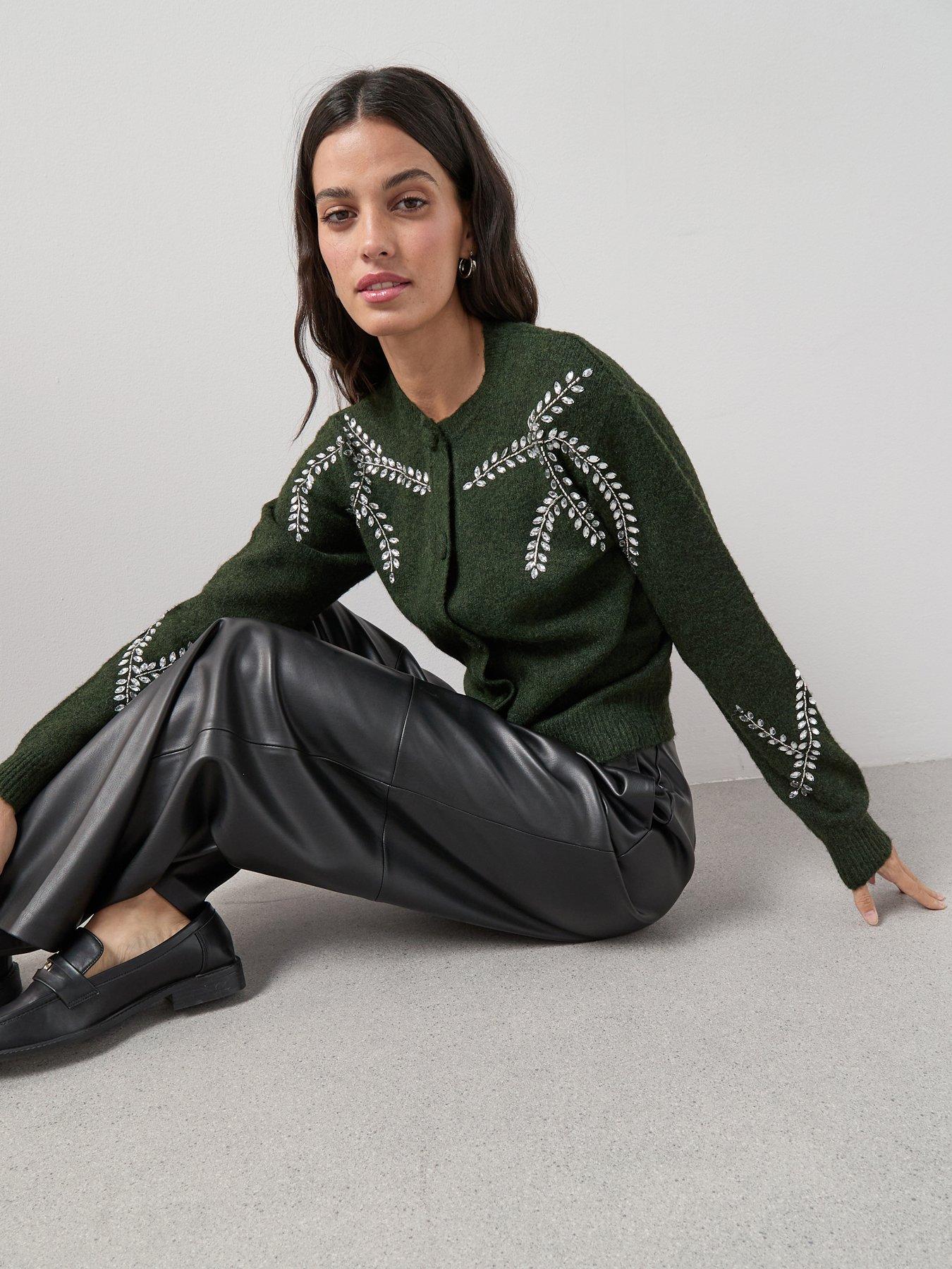 The Very Collection Crew Neck Embellished Cardigan With Wool - Green | Very