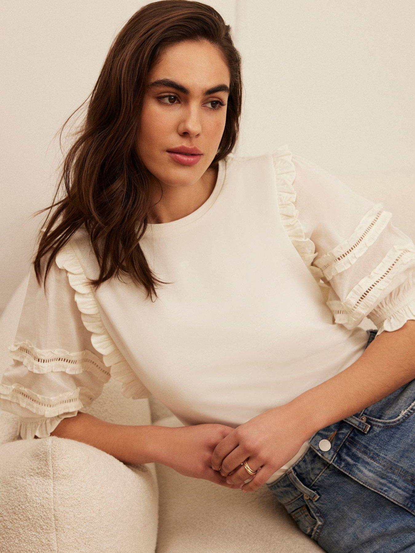 Mint Velvet White Woven Sleeve T-Shirt - Ivory | Very