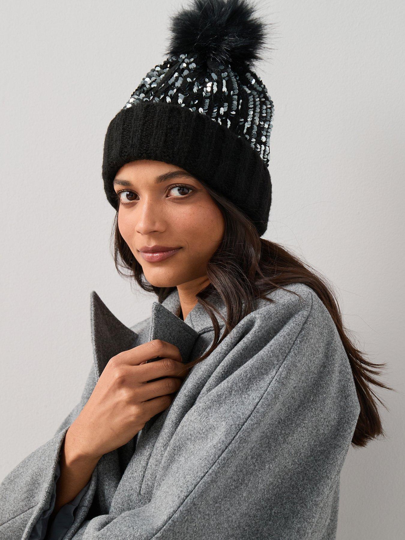 The Very Collection Knitted Sequin Beanie With Faux Fur Pom Pom - Black ...
